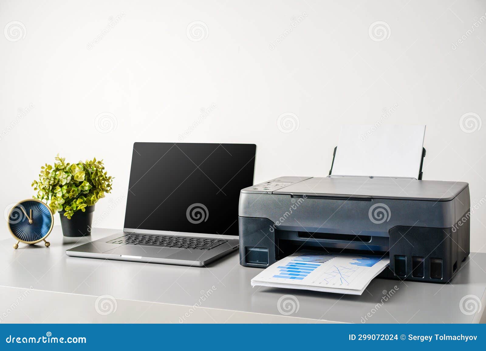 Printer and Laptop on Grey Table in Office Stock Photo - Image of ...