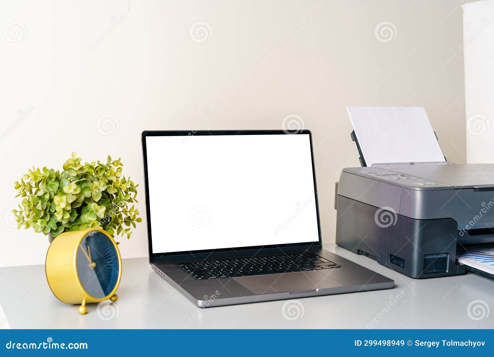 Printer and Laptop on Grey Table in Office Stock Image - Image of ...