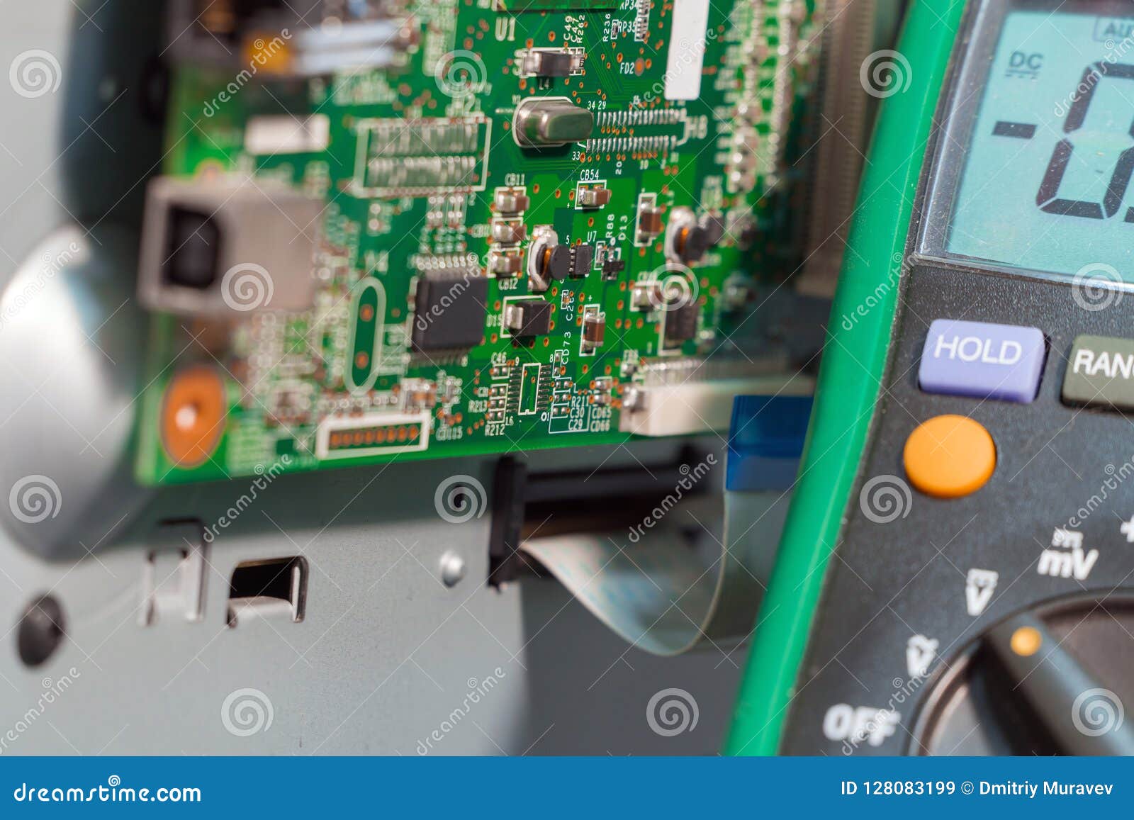 Printer Motherboard and Multimeter. Repair of Office Equipment Stock ...