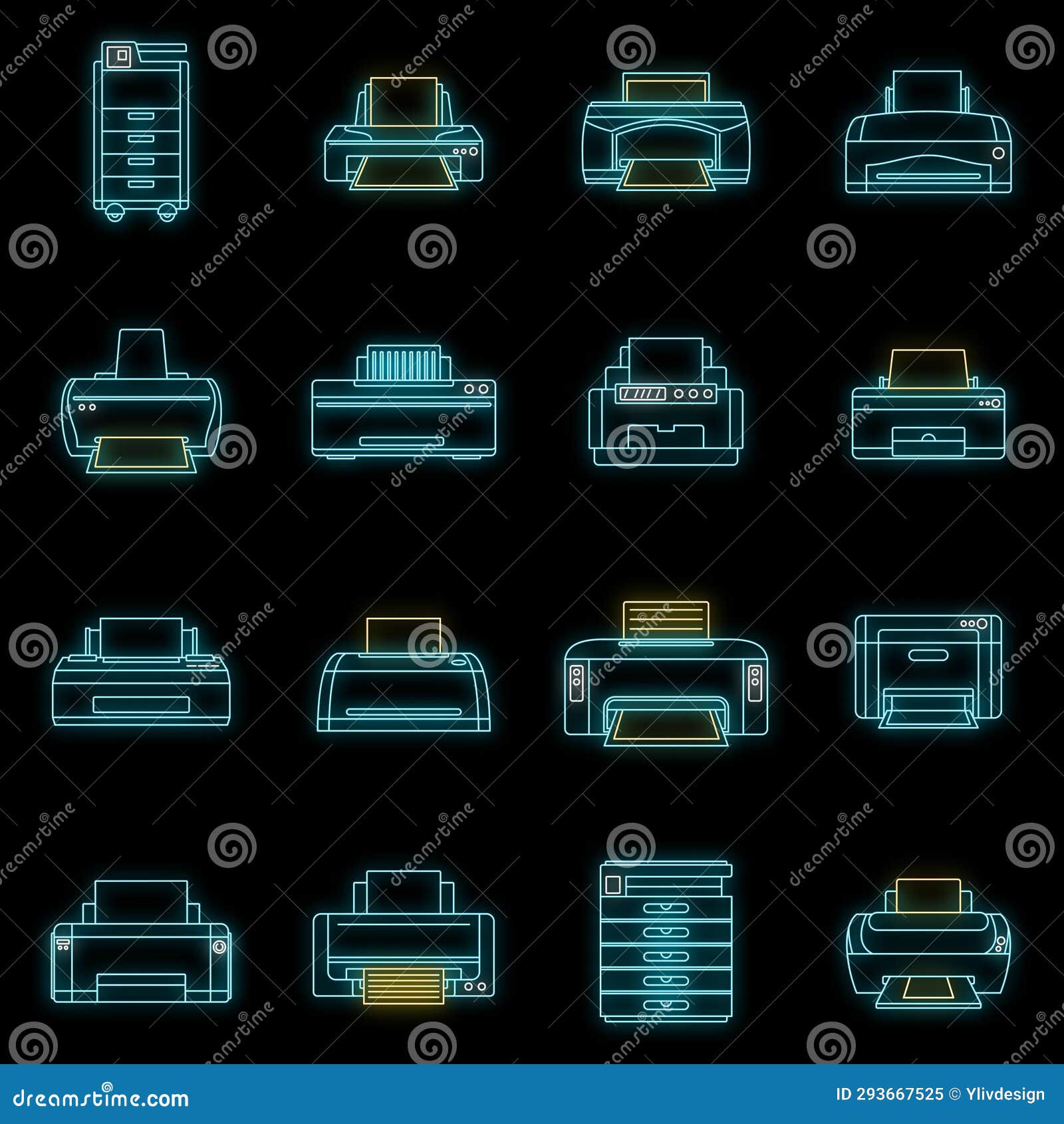 Printer Office Copy Document Icons Set Vector Neon Stock Vector ...