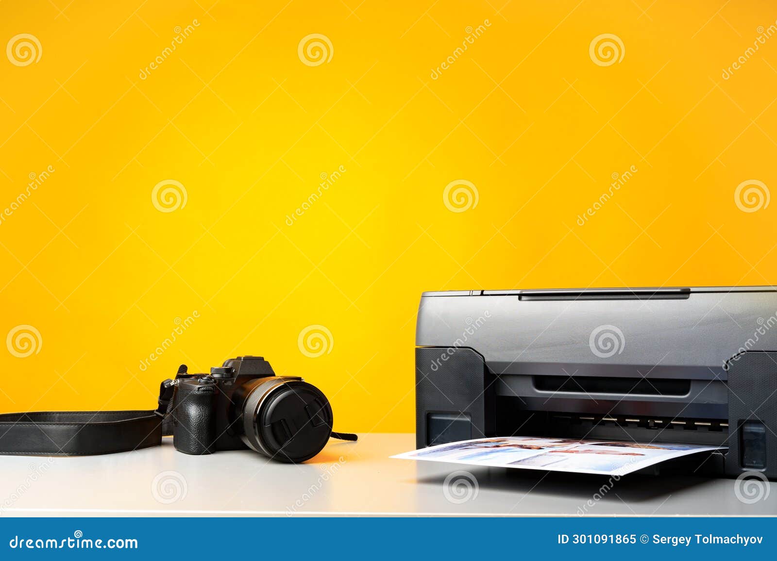 Printer and Photo Camera on Table. Printing Photos Concept Stock Image ...