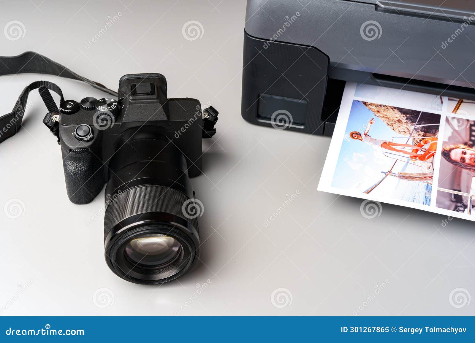 Printer and Photo Camera on Table. Printing Photos Concept Stock Image ...