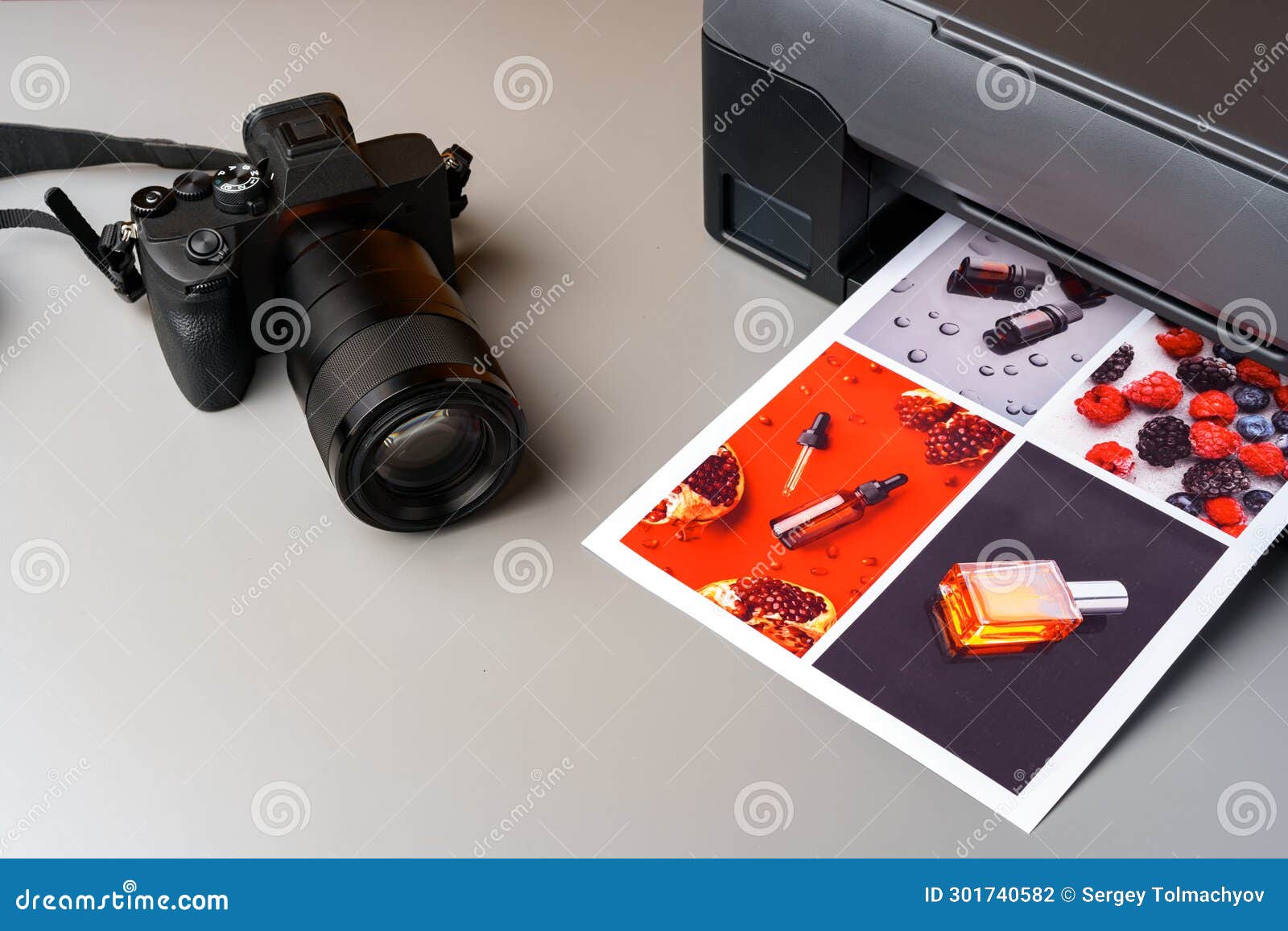 Printer and Photo Camera on Table. Printing Photos Concept Stock Photo ...