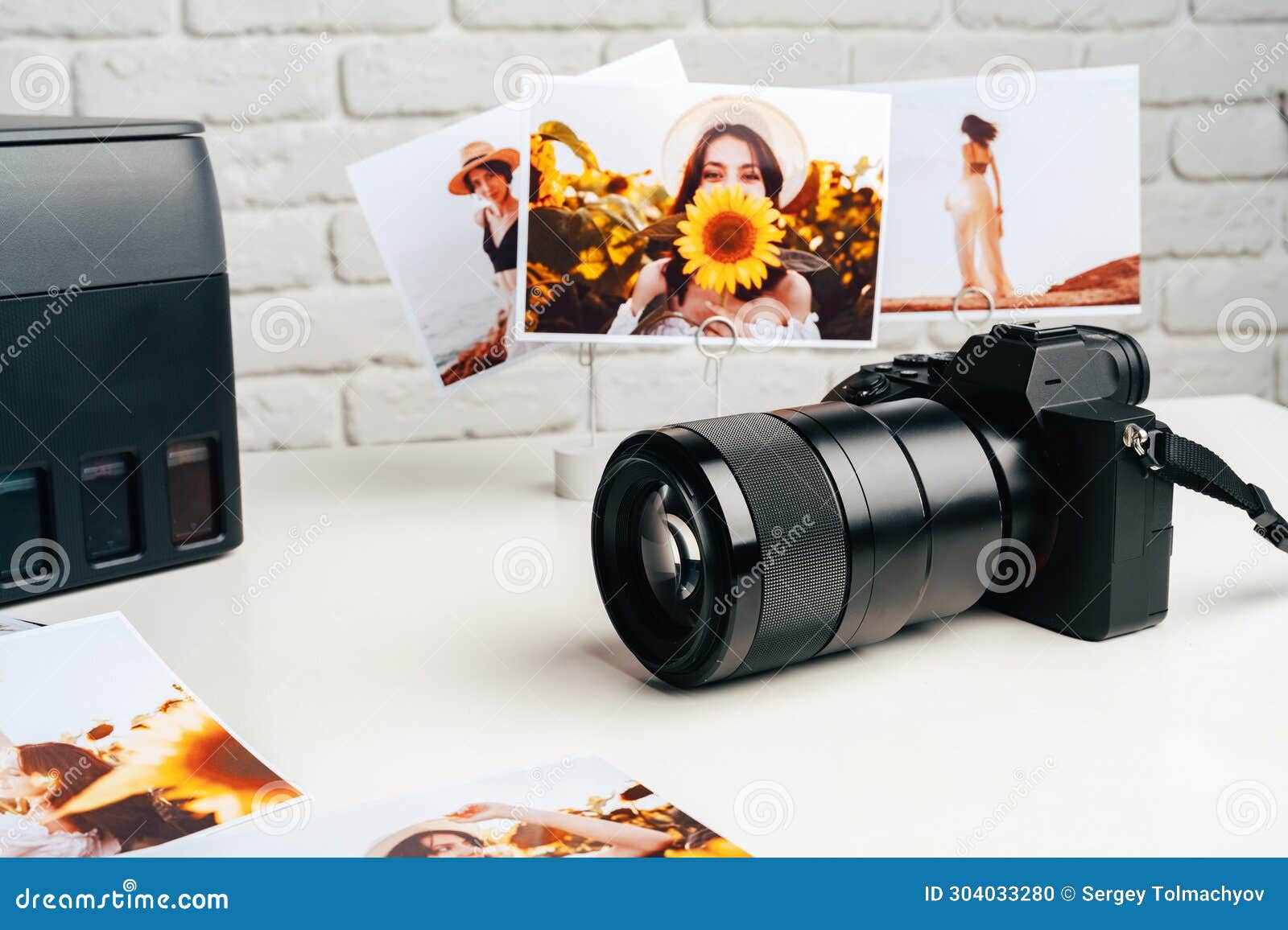 Printer and Photo Camera on Table. Printing Photos Concept Stock Photo ...