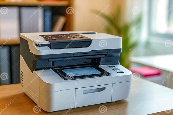 A Printer Sitting on Top of a Wooden Desk Stock Photo - Image of white ...