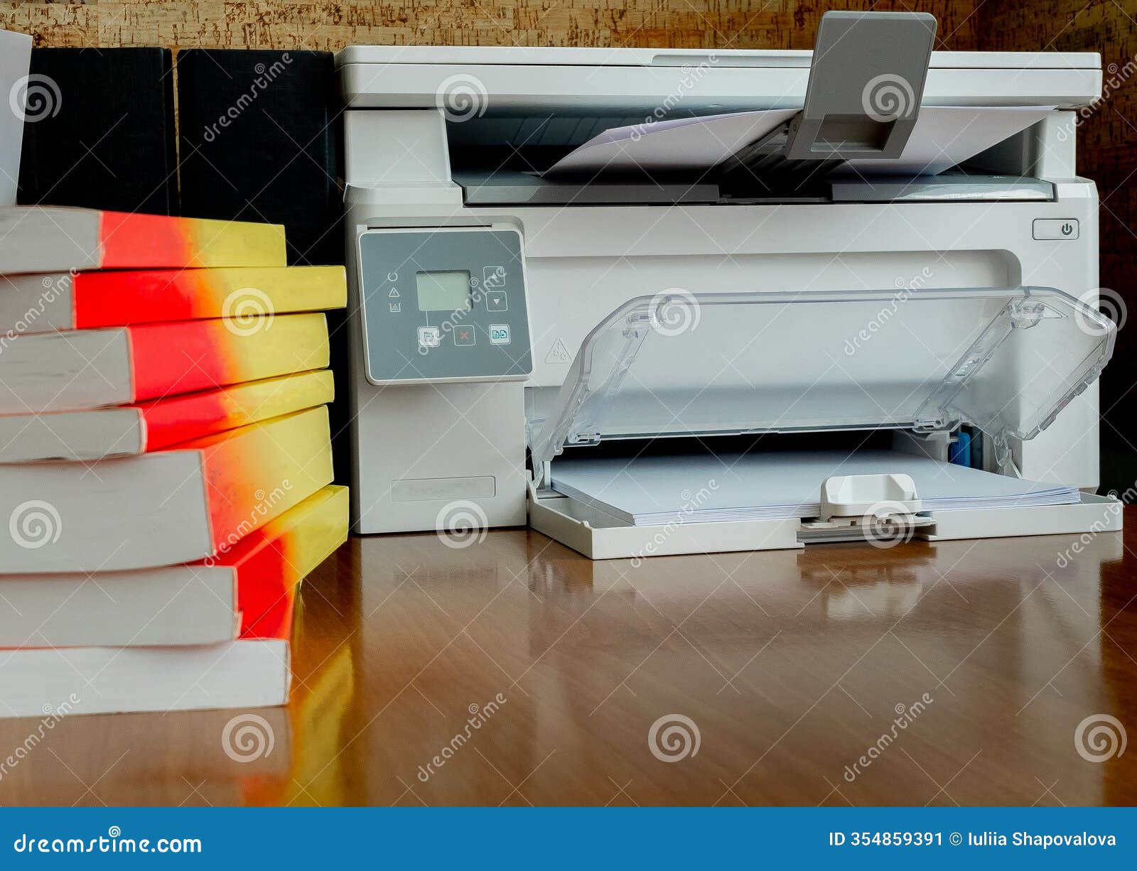 Printer and Stack of Books on His Desk. Office Concept Stock Image ...