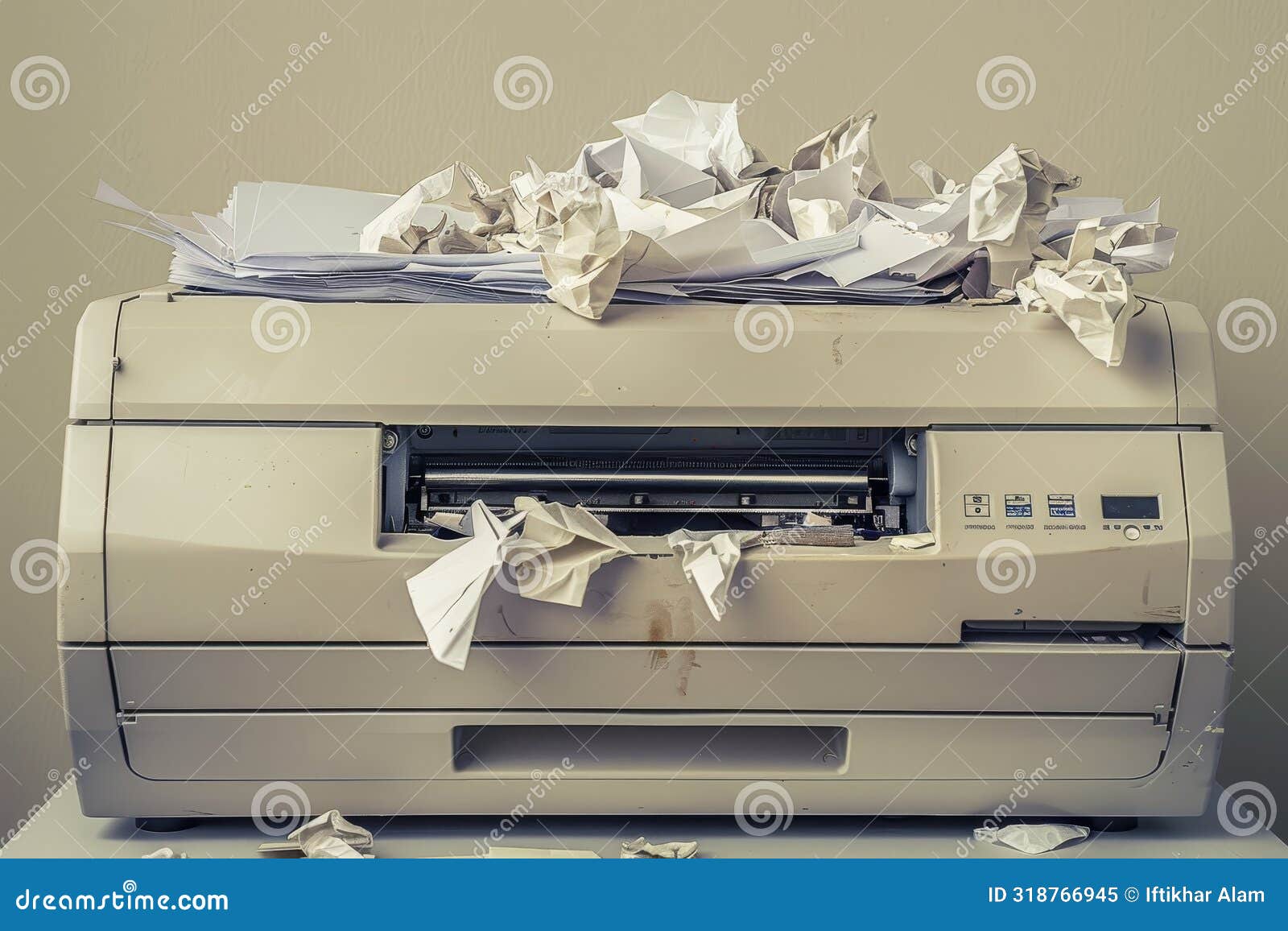 A Printer Stacked With Excessive Paper, Leading To A Jam, An Outdated ...