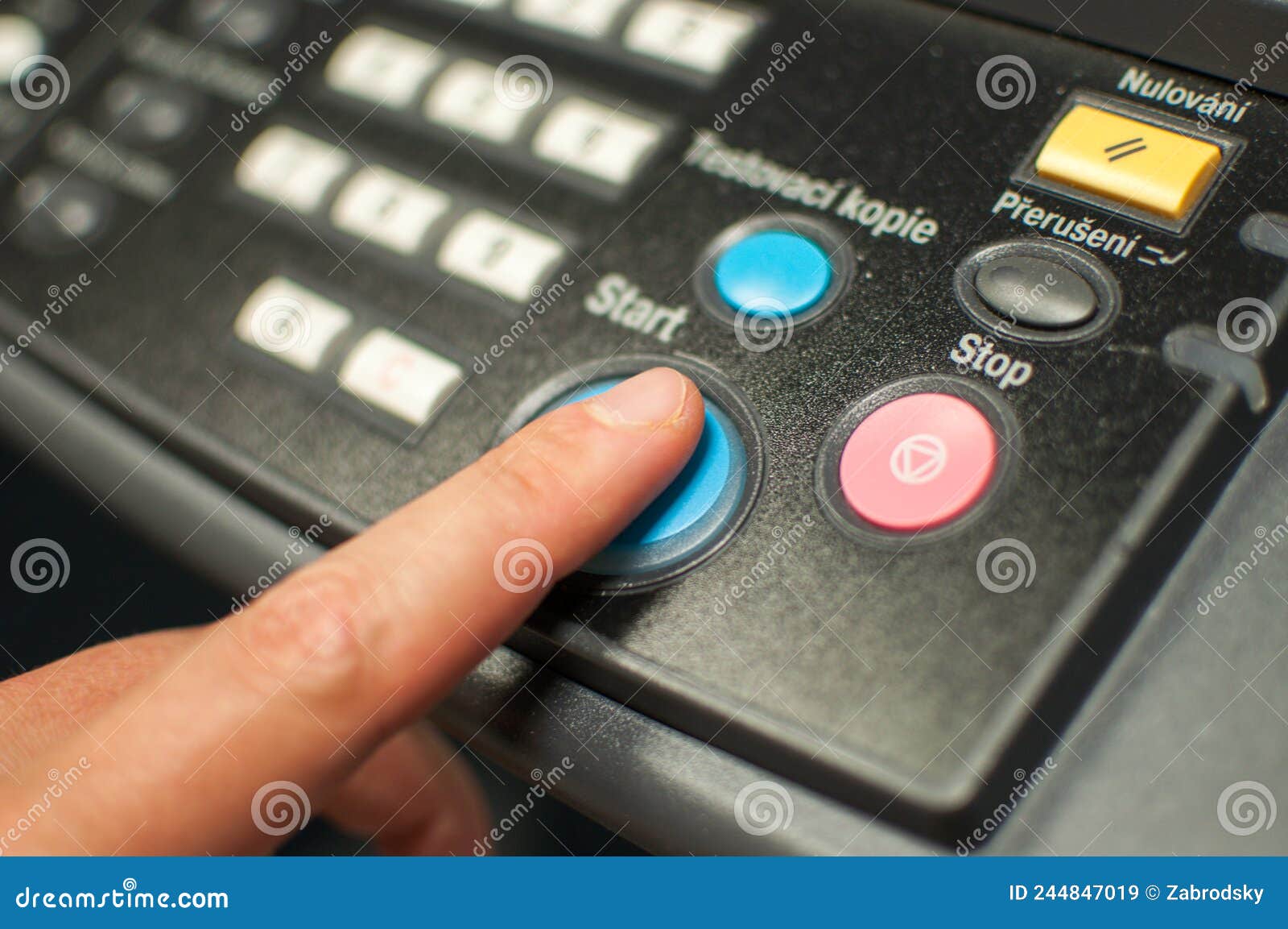 Printing Machine Control Panel with Start Buttons. Worker`s Hand ...