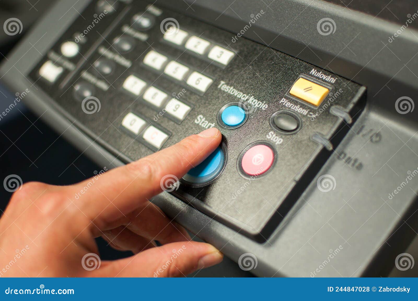 Printing Machine Control Panel with Start Buttons. Worker`s Hand ...