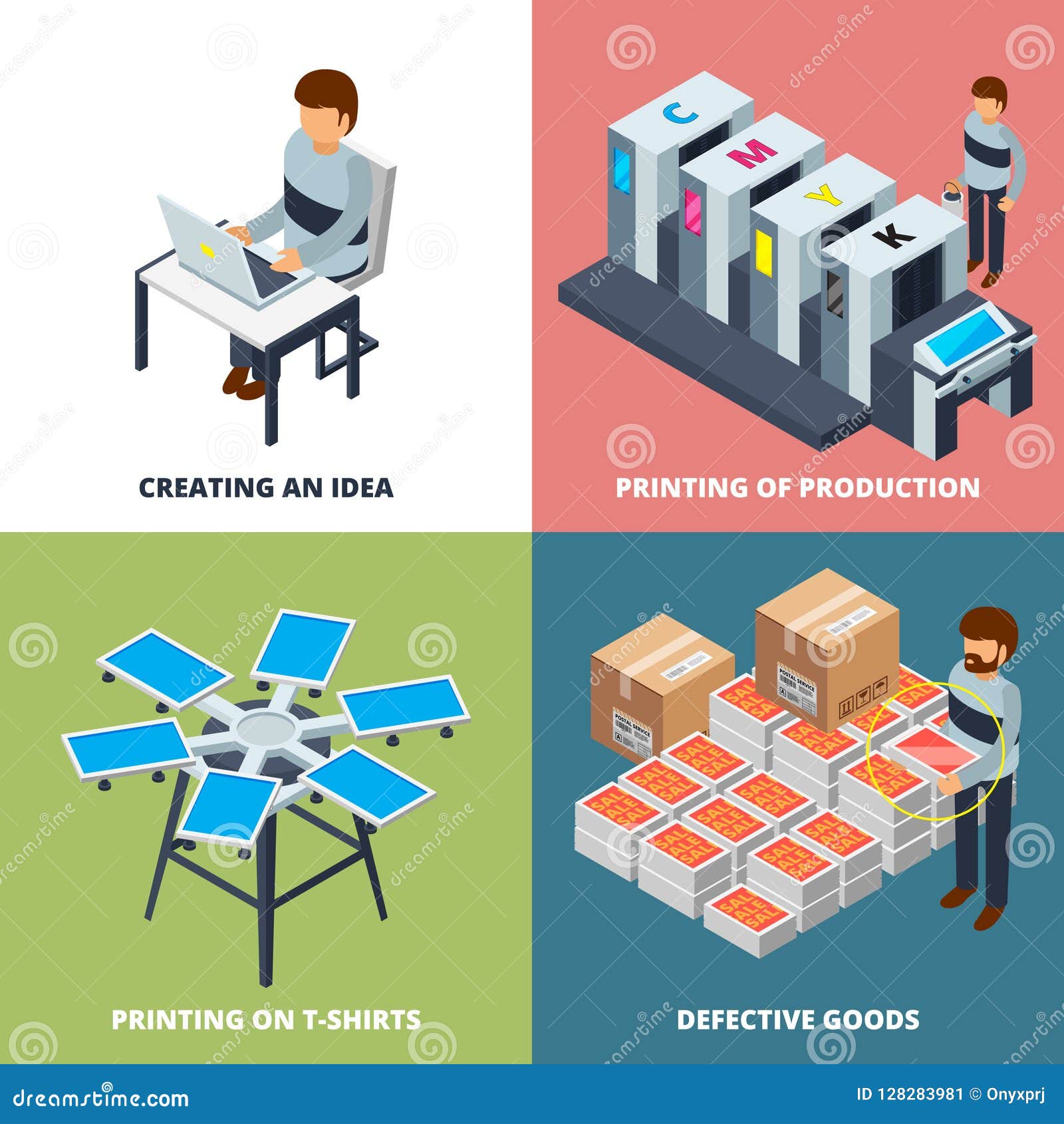 Printing Office Isometric. Printer Laser Colored Copier Plotter Offset Digital Inkjet Machines ...