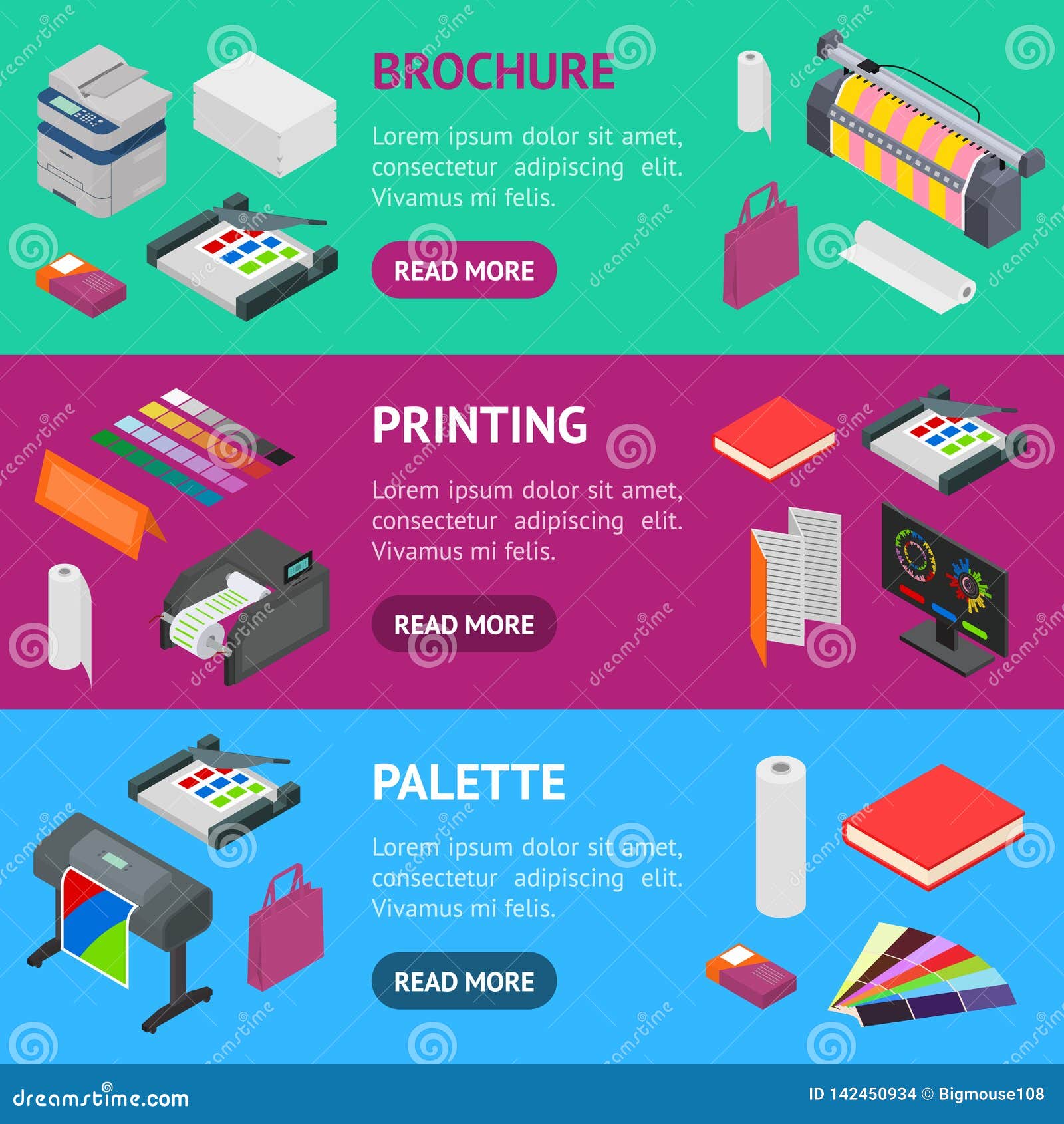 Printing Signs 3d Banner Horizontal Set Isometric View. Vector Stock ...