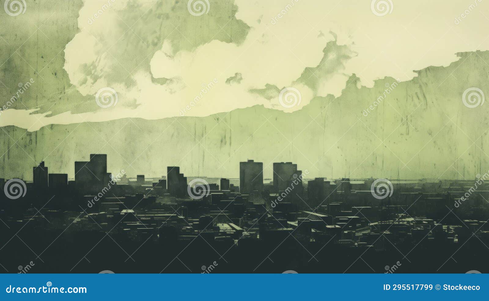Printmaking Cityscape with Cloudy Skies in Calotype Style Stock ...