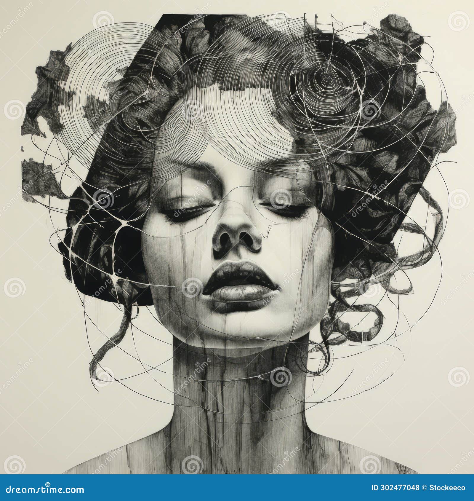 Printmaking: Hyper-detailed Black and White Portrait with Swirls Stock ...