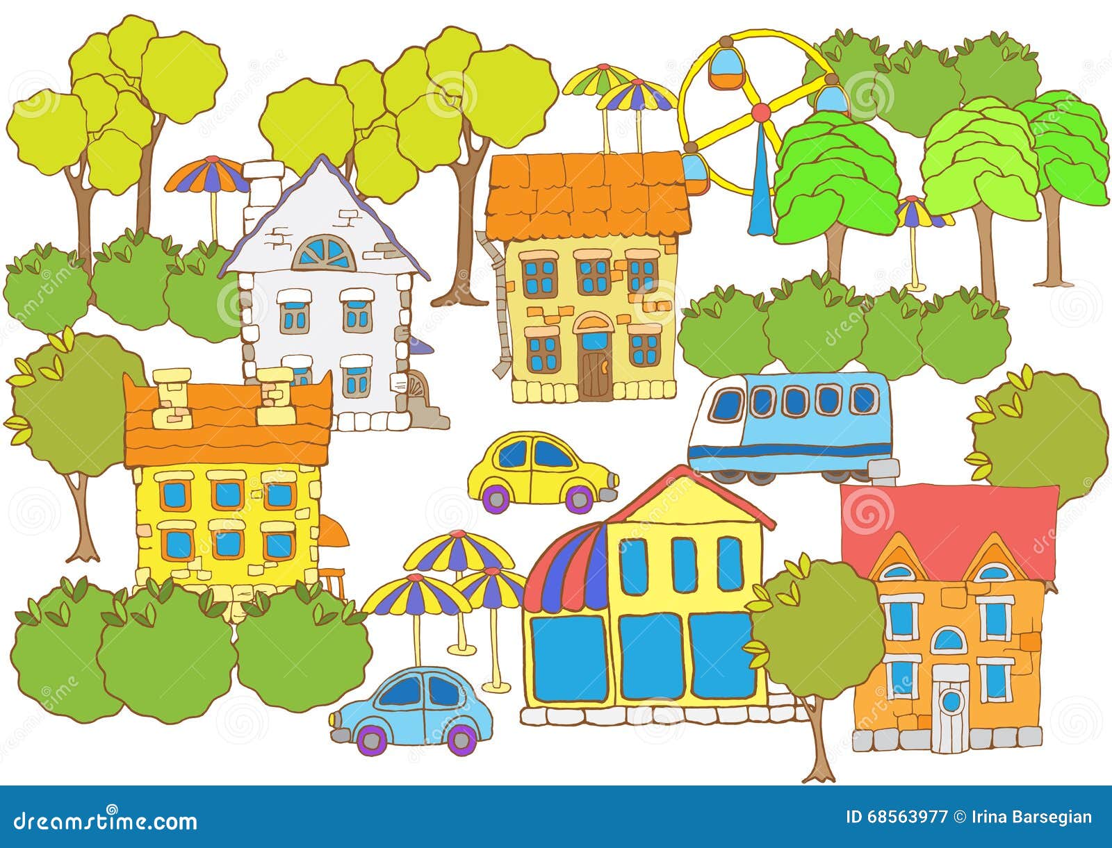 Printset Fun Town. Panorama. Hand Drawn Stock Vector - Illustration of ...
