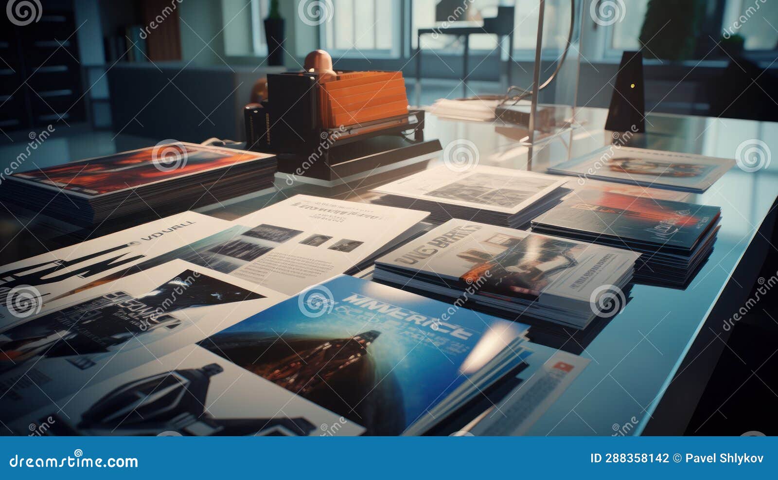 Printshop Interior with Stack of Different Broshures and Booklets on ...