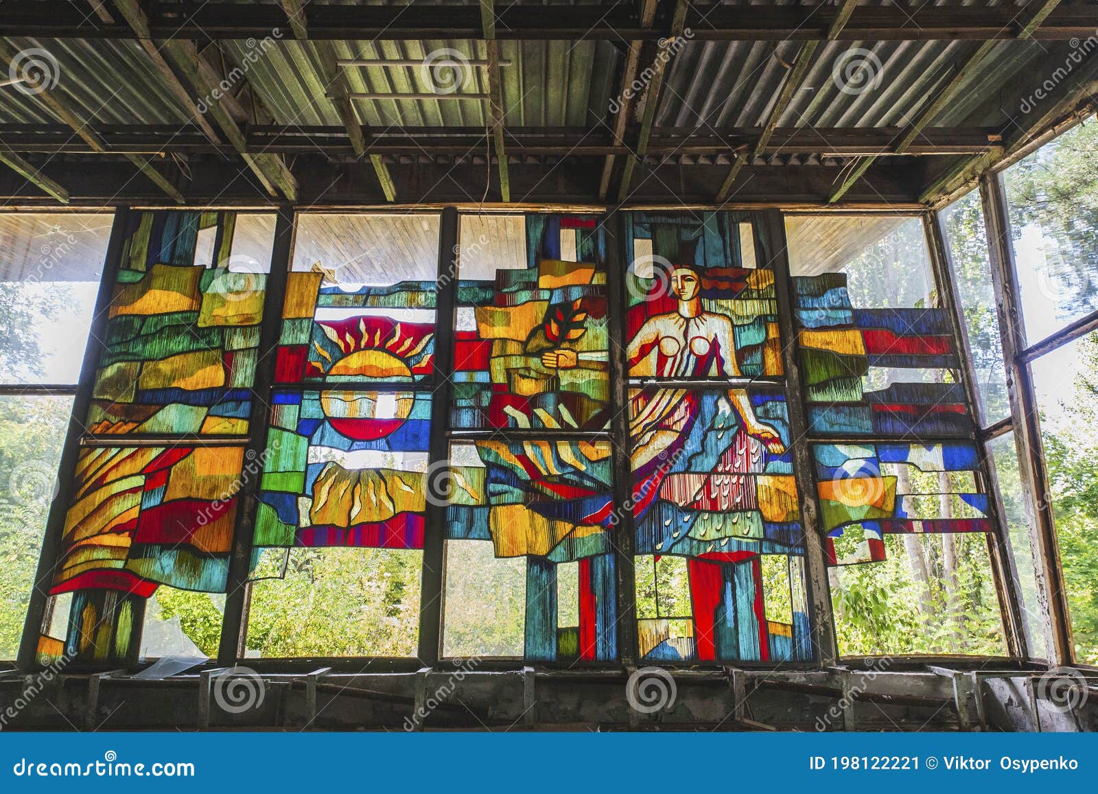 Pripyat, Ukraine, August 2020: Stained Glass Window in the Cafe ...