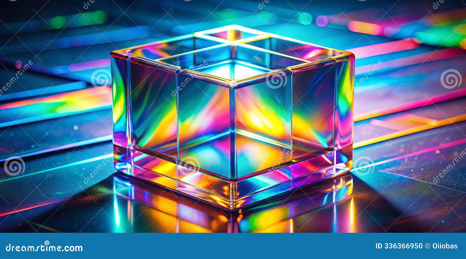 Prismatic Cube Reflecting Neon Lights a 3D Render of a Geometric Object ...