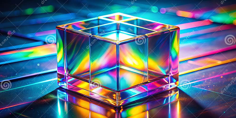 Prismatic Cube Reflecting Neon Lights a 3D Render of a Geometric Object ...