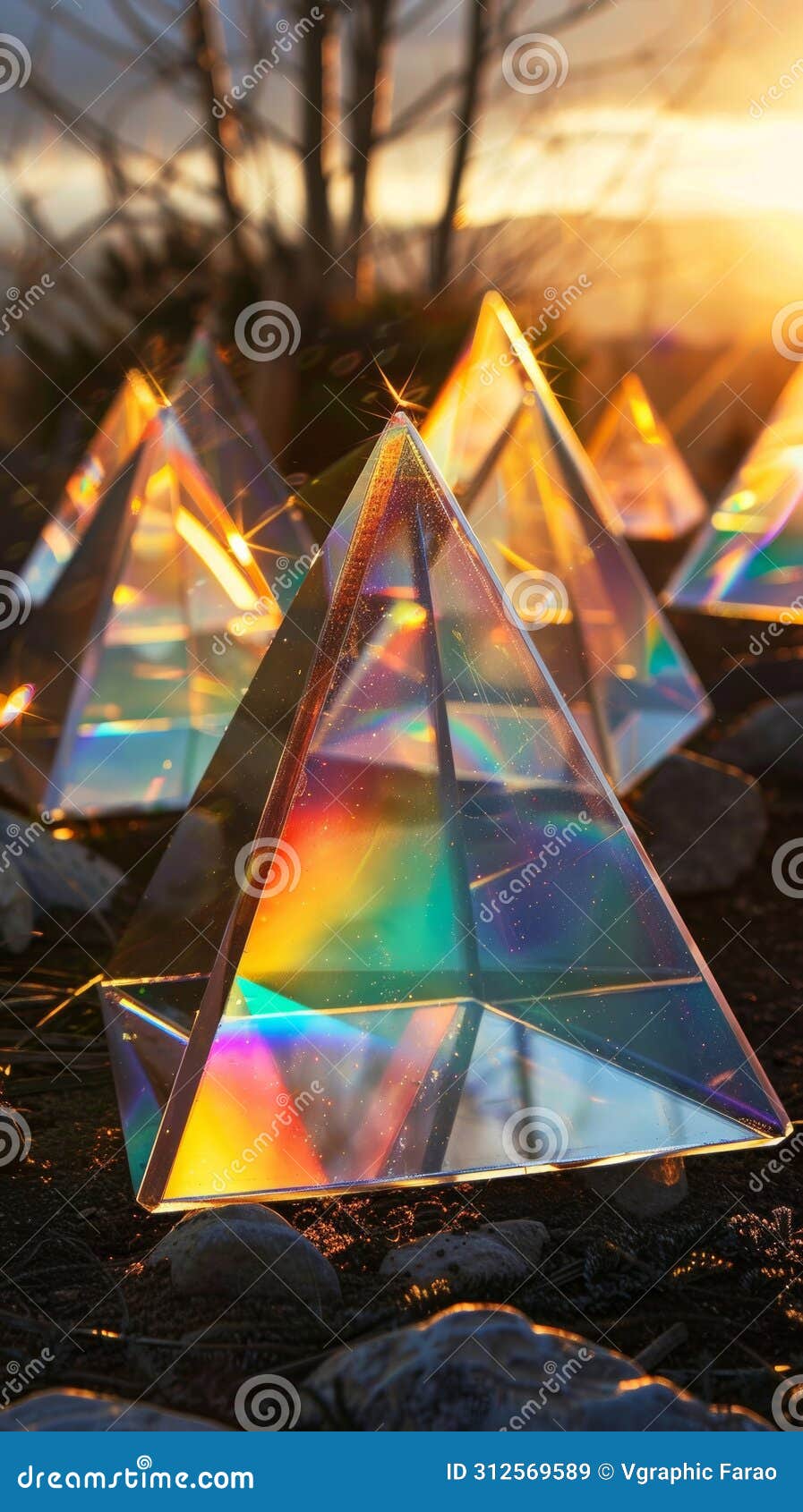 Prismatic Glass Pyramids with Rainbow Reflections at Sunset Stock Image ...