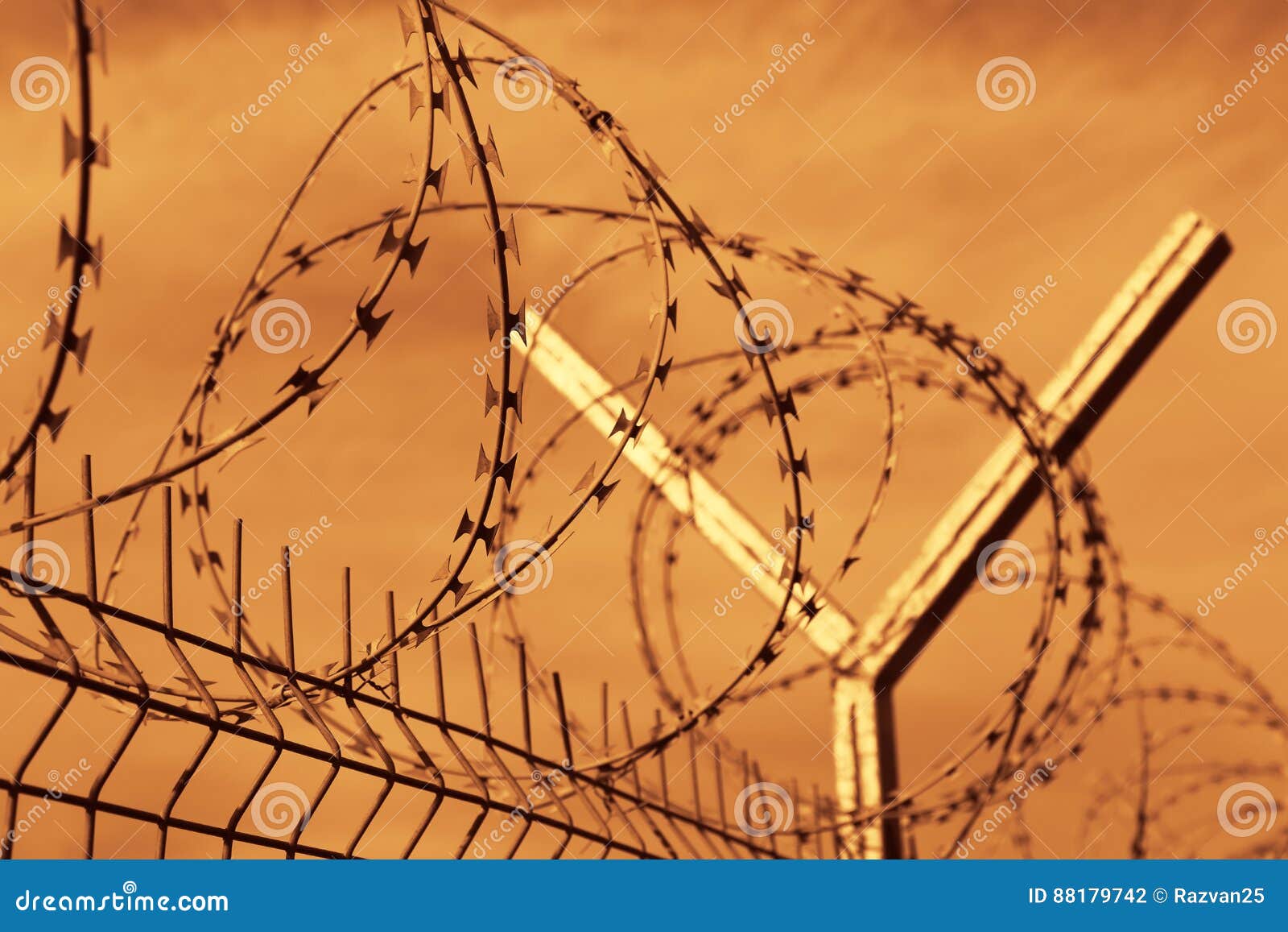 Prison Barbed Wire Fence at Sunset Stock Photo - Image of prison ...