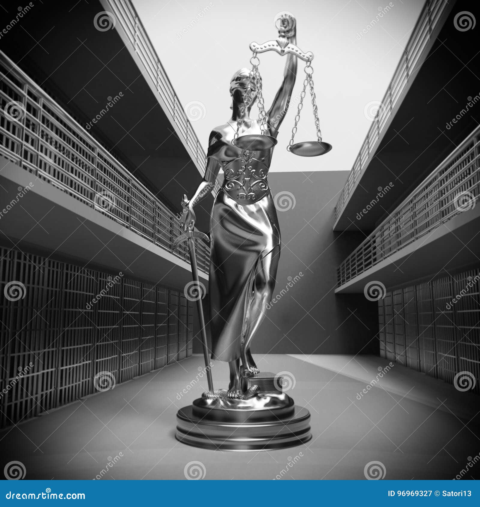 Prison Bars and Lady of Justice 3d Rendering Stock Illustration ...