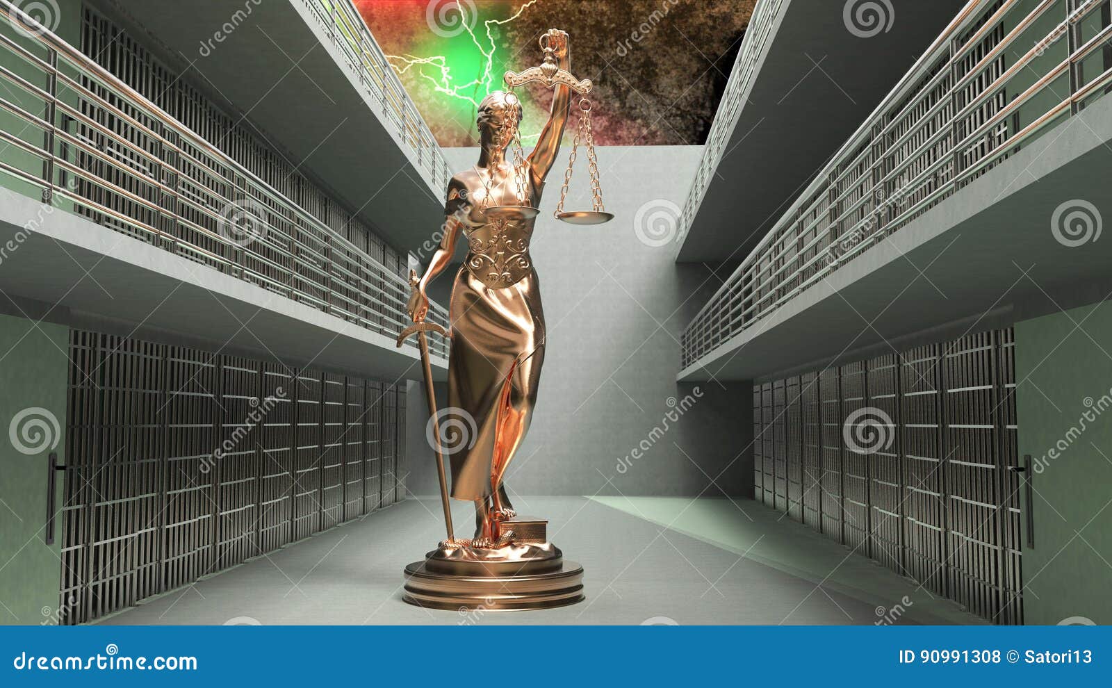 Prison Bars and Lady of Justice 3d Rendering Stock Illustration ...