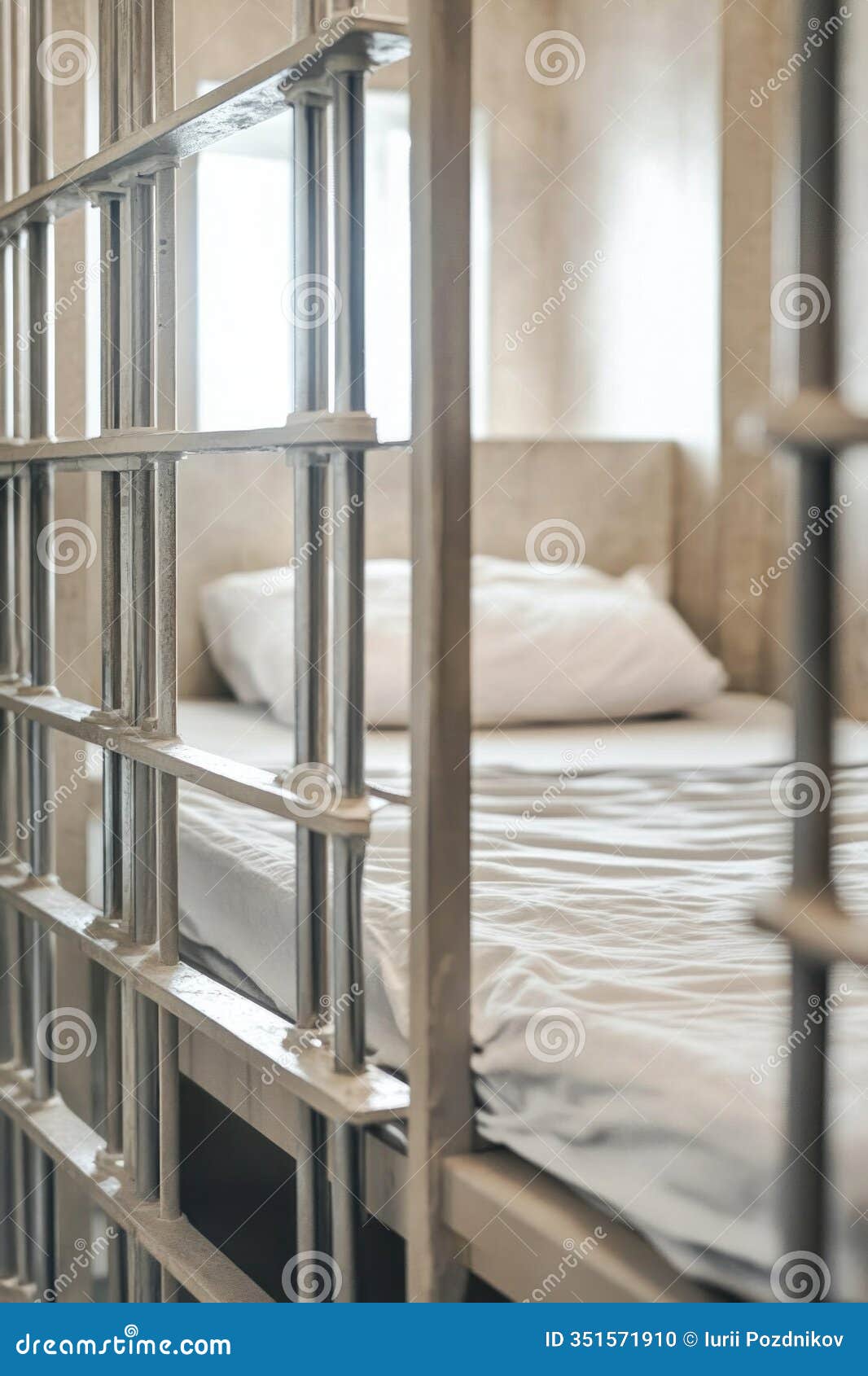 Prison Cell Bars Framing Empty Bed and Window Stock Photo - Image of ...