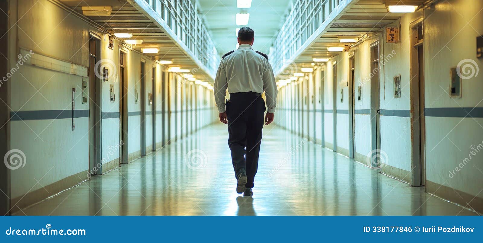 Prison Guard Walking Down Jail Corridor Past Cells Stock Photo - Image ...