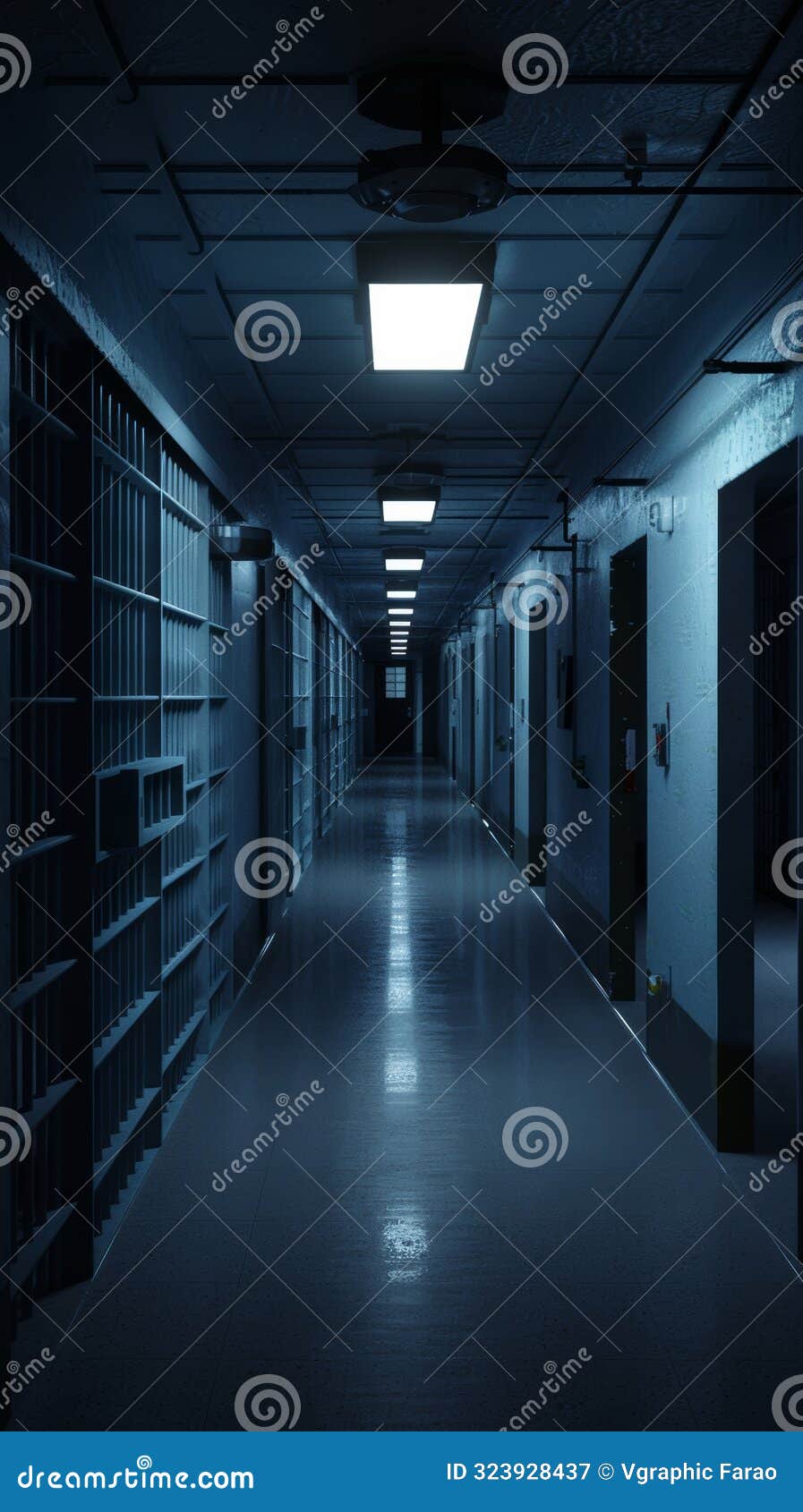 Prison Hallway with Barred Cells and Dim Lighting Stock Image - Image ...