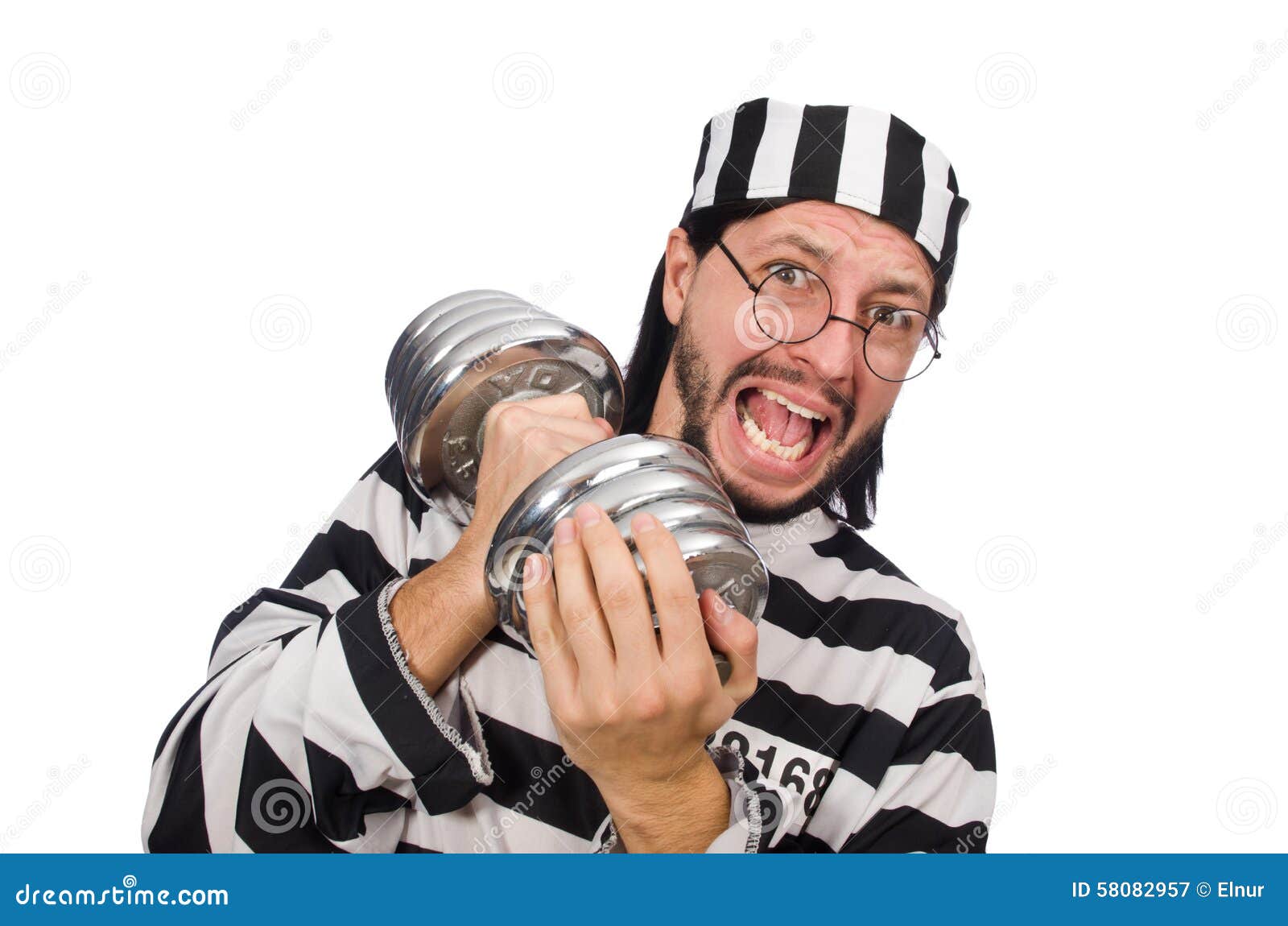 Prison Inmate with Dumbbells Isolated on White Stock Image - Image of ...