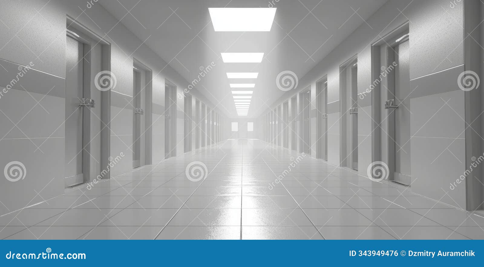 In the Prison Interior, Rows of Cells and Locked Doors are Illuminated ...