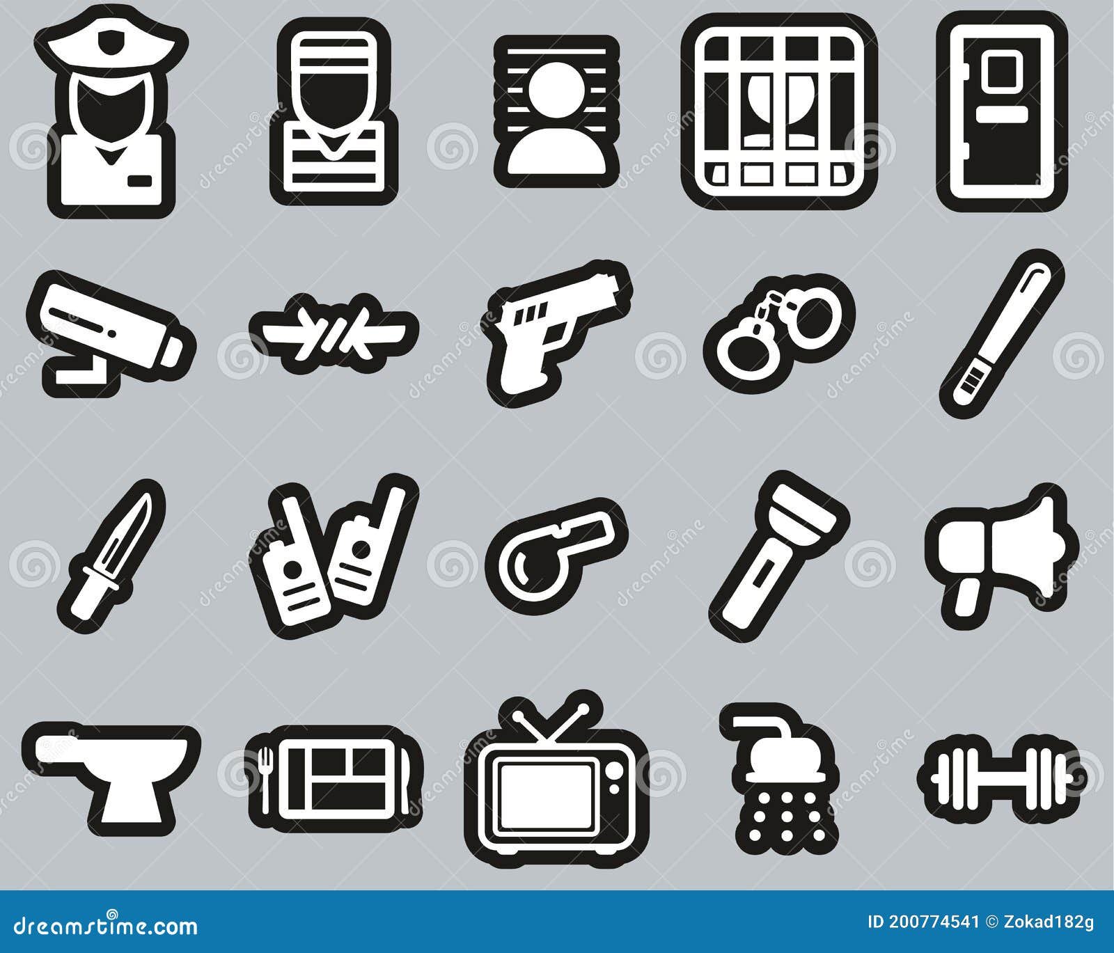 Prison or Jail Icons White on Black Sticker Set Big Stock Vector ...