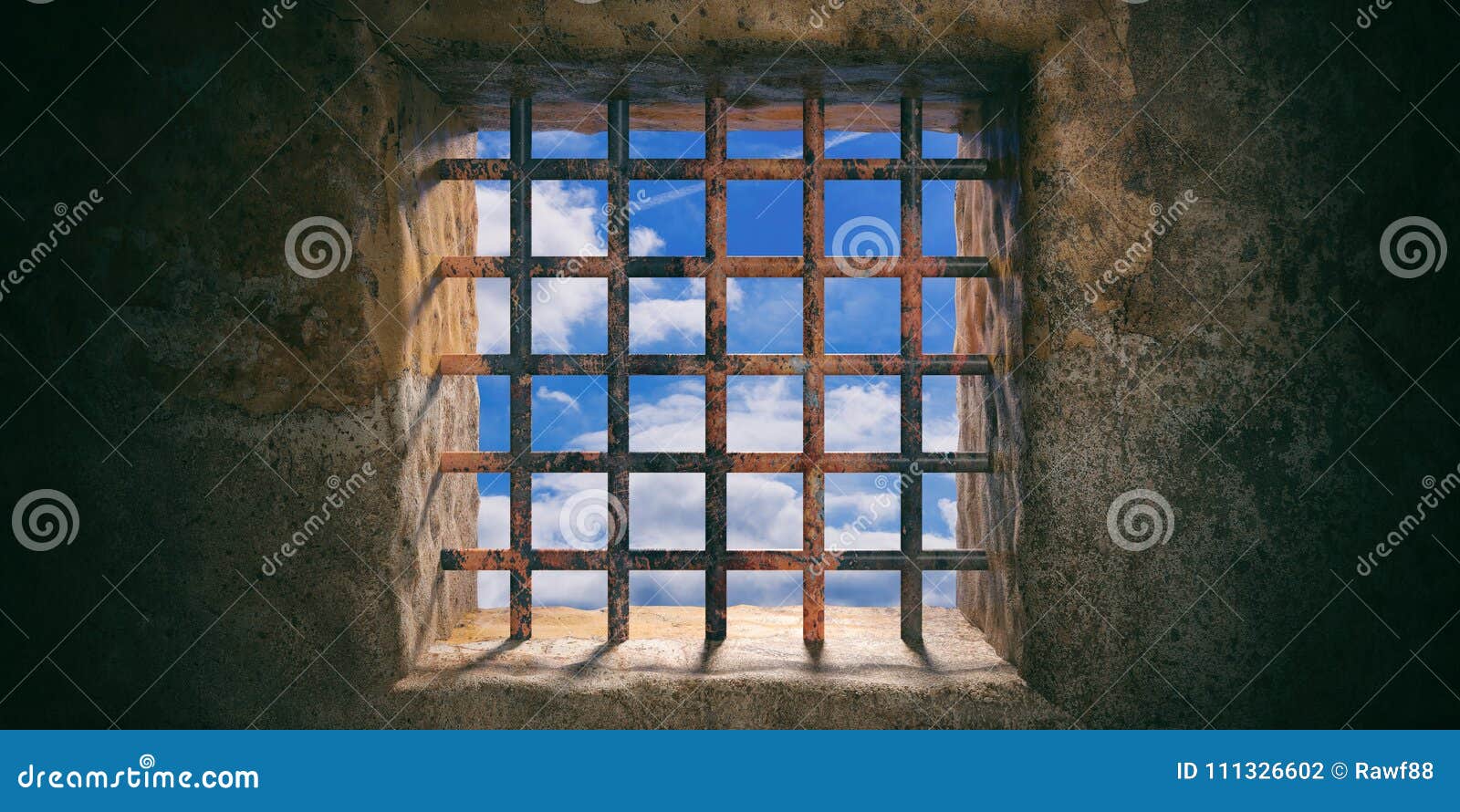 Prison, Jail Rusty Window and Blue Sky View on Old Wall Background. 3d ...