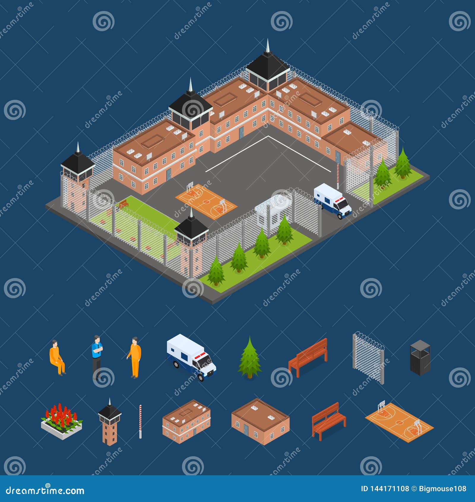 Prison Penitentiary and Elements Concept 3d Isometric View. Vector ...