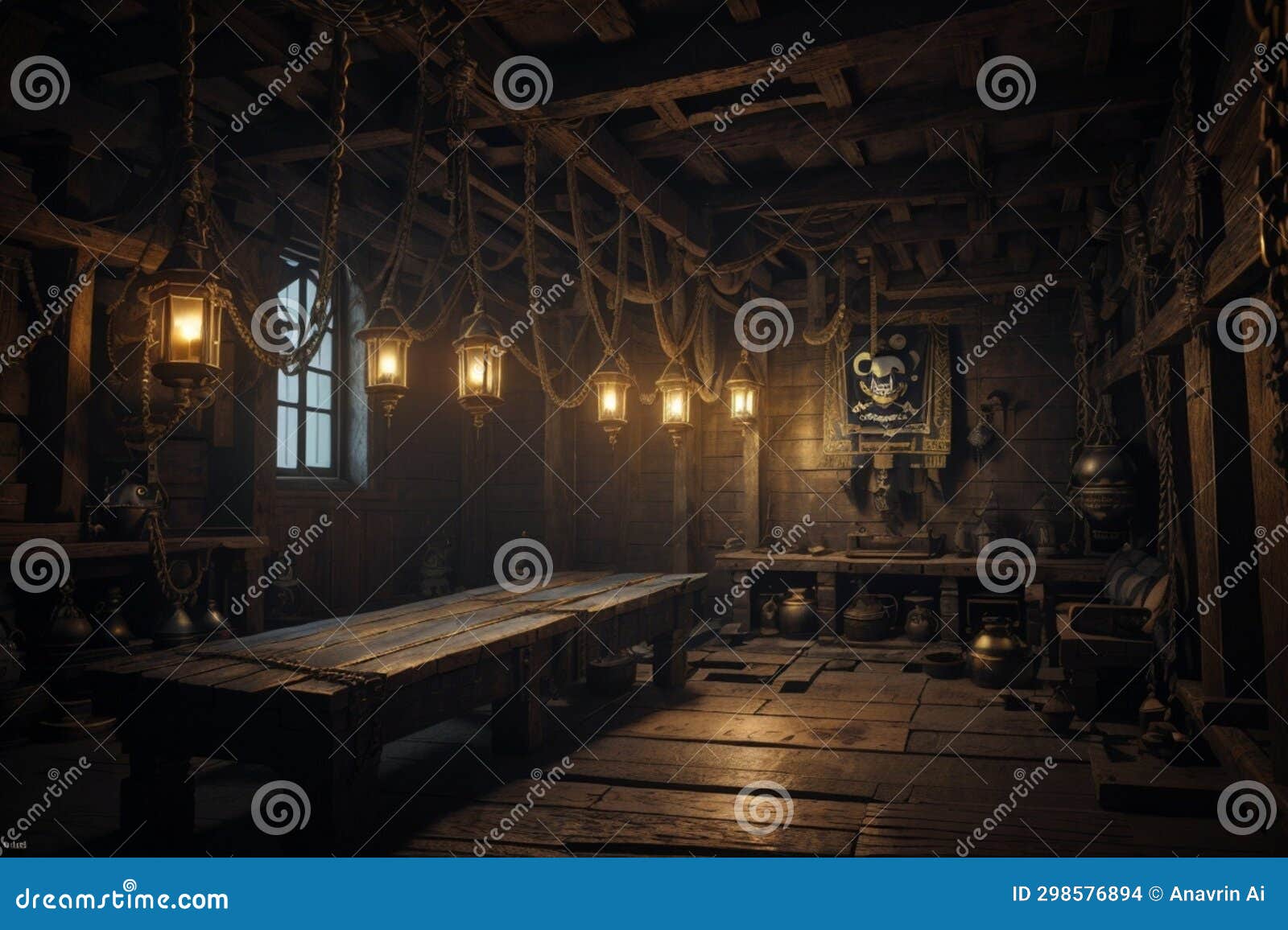 Pirate Ship Interior Background in Perspective Stock Illustration ...