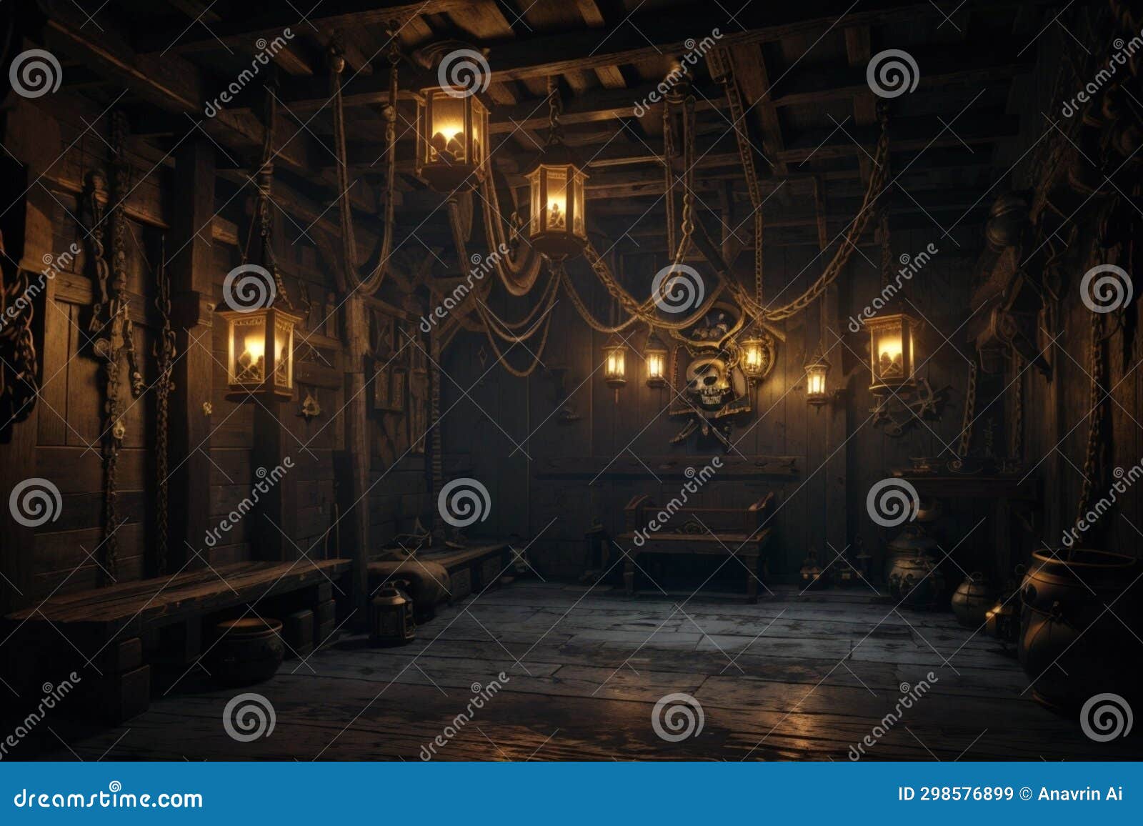 Pirate Ship Interior Background in Perspective Stock Illustration ...