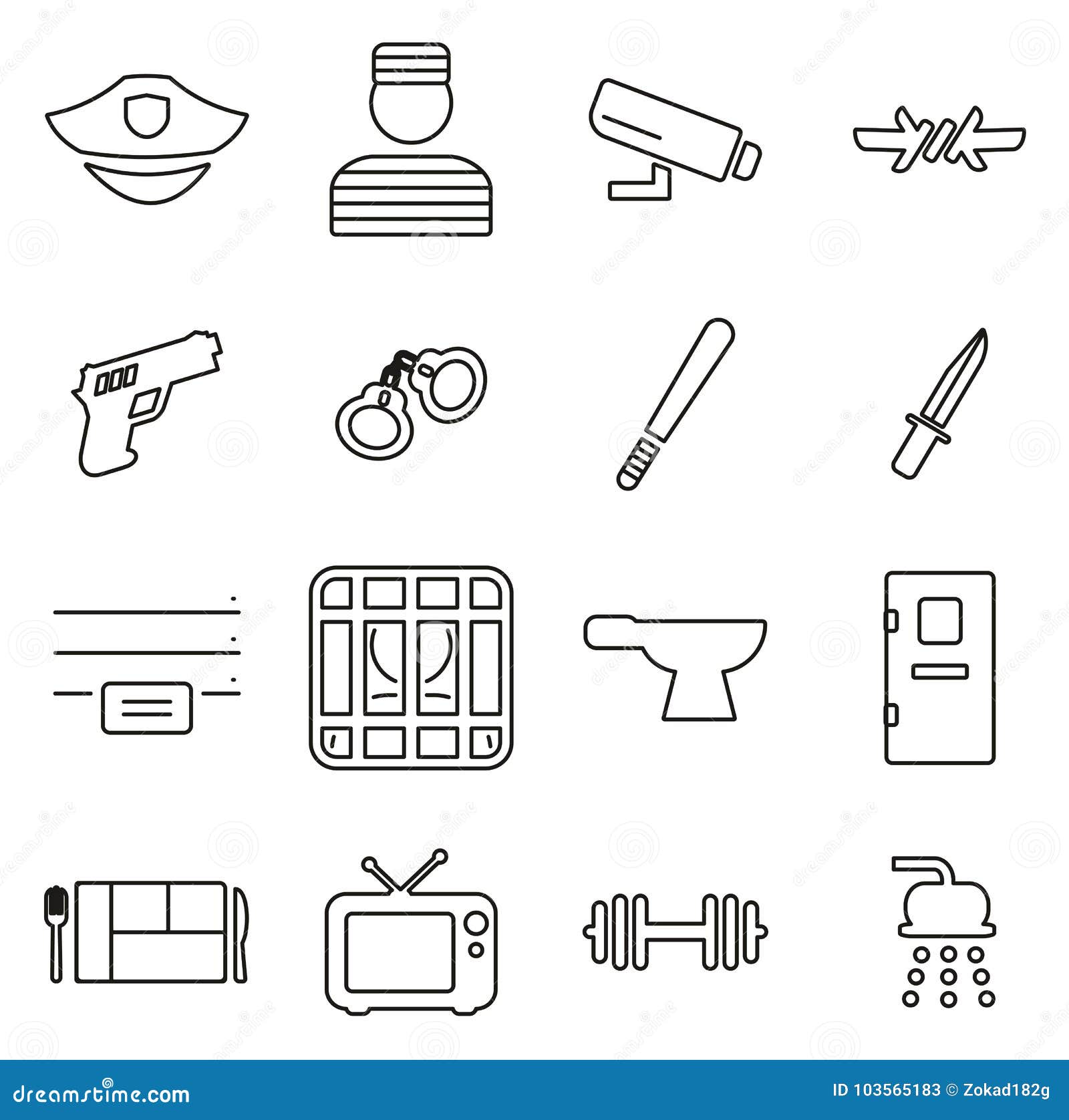 Prison System or Prison Inmate Icons Thin Line Vector Illustration Set ...