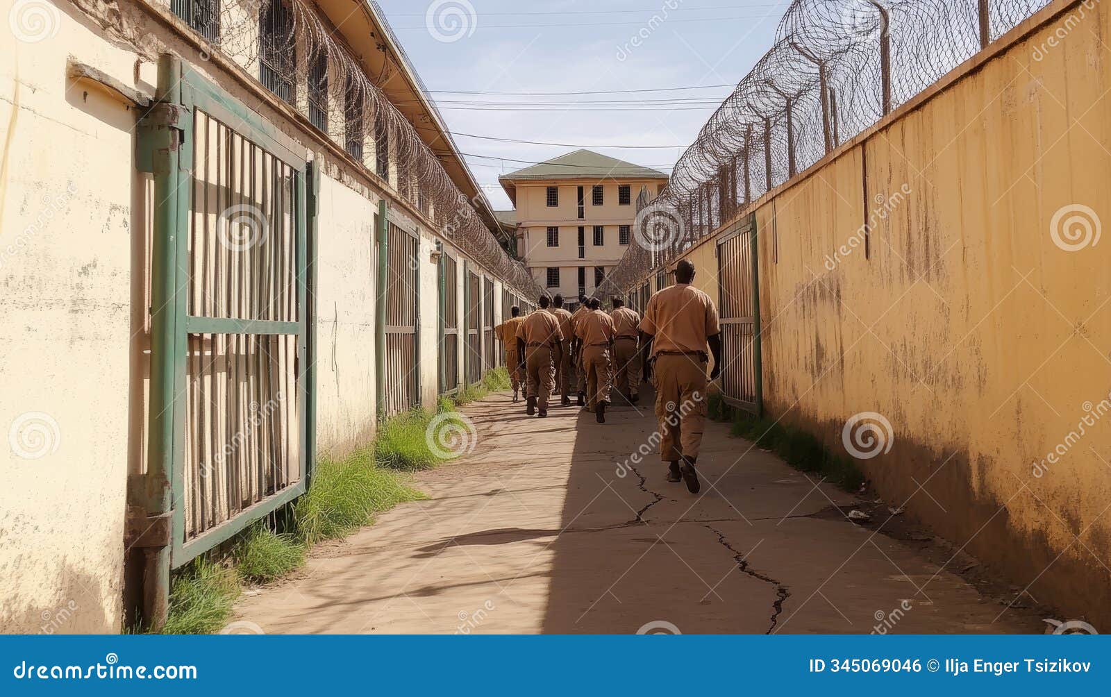 Prison Yard Procession Inmates in Uniform Walking in Line, Conveying ...