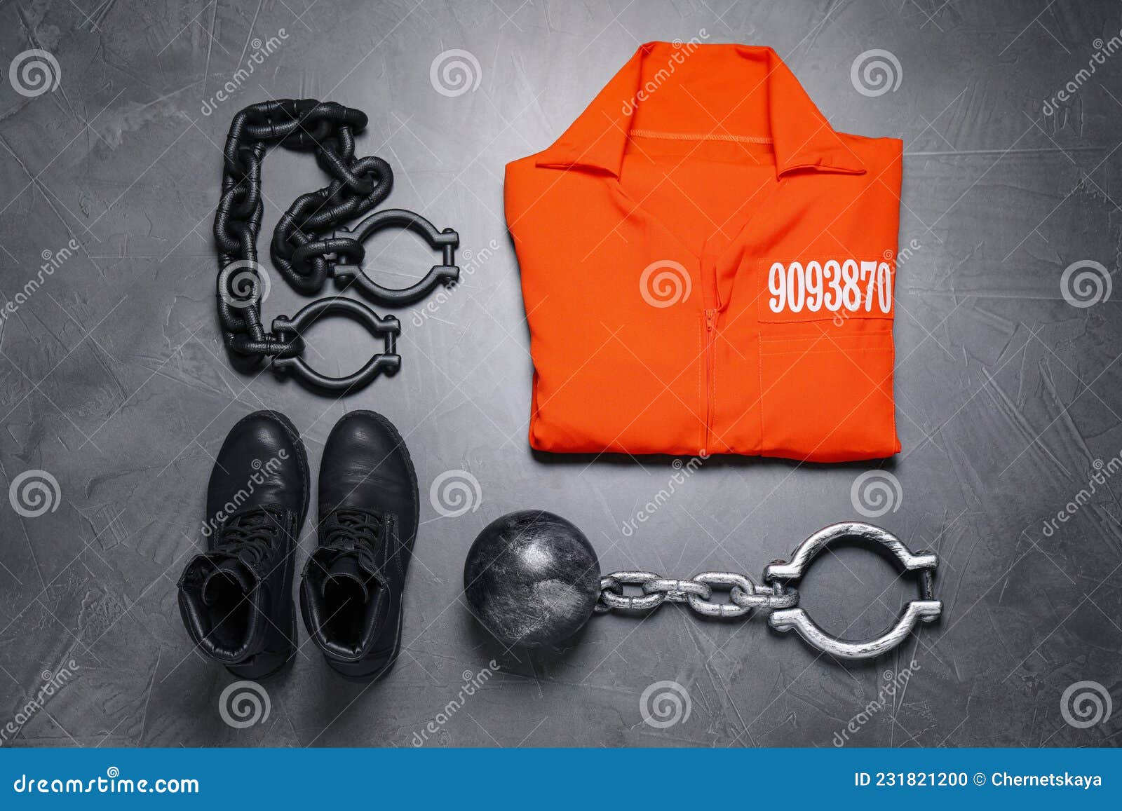 Prisoner Ball with Chain, Jail Clothes and Boots on Grey Table, Flat ...