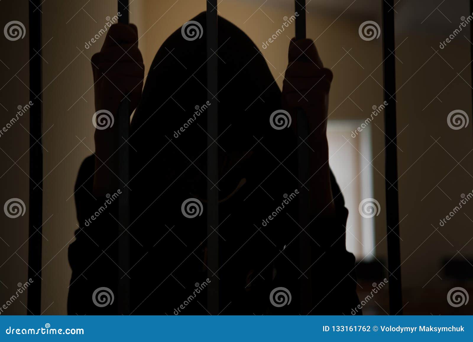 The Prisoner Behind the Bars.Hold with Hands on the Grids in ...
