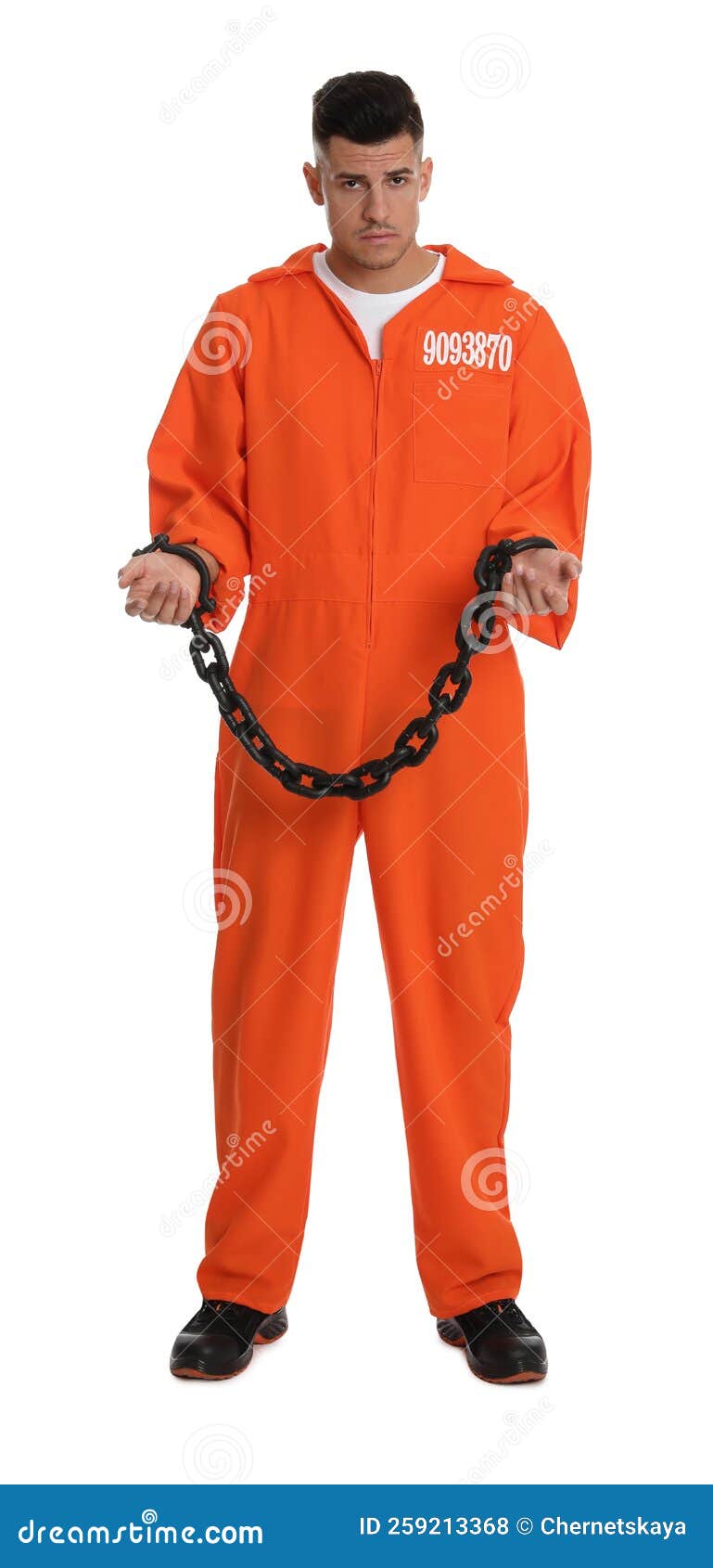 Prisoner in Orange Jumpsuit with Chained Hands on White Background ...