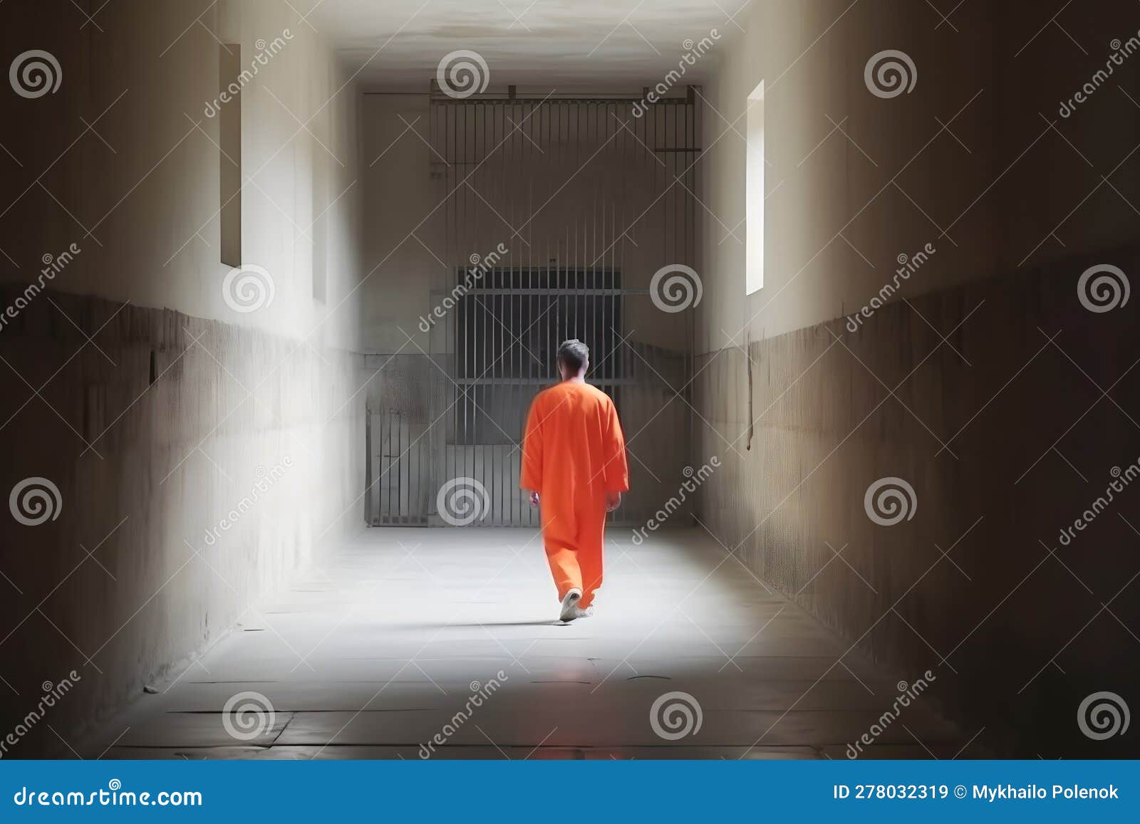 Prisoner in Orange Prison Suit in Corridor. Neural Network AI Generated ...