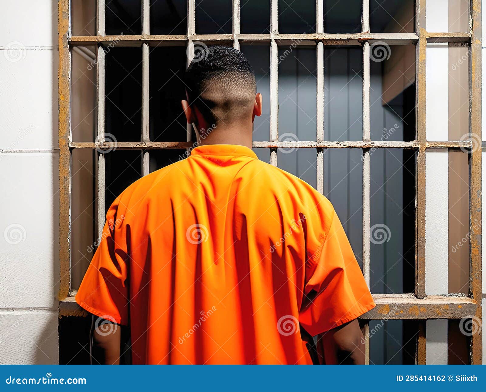 Prisoner in Orange Uniform Standing in Front of the Jail Bars Stock ...