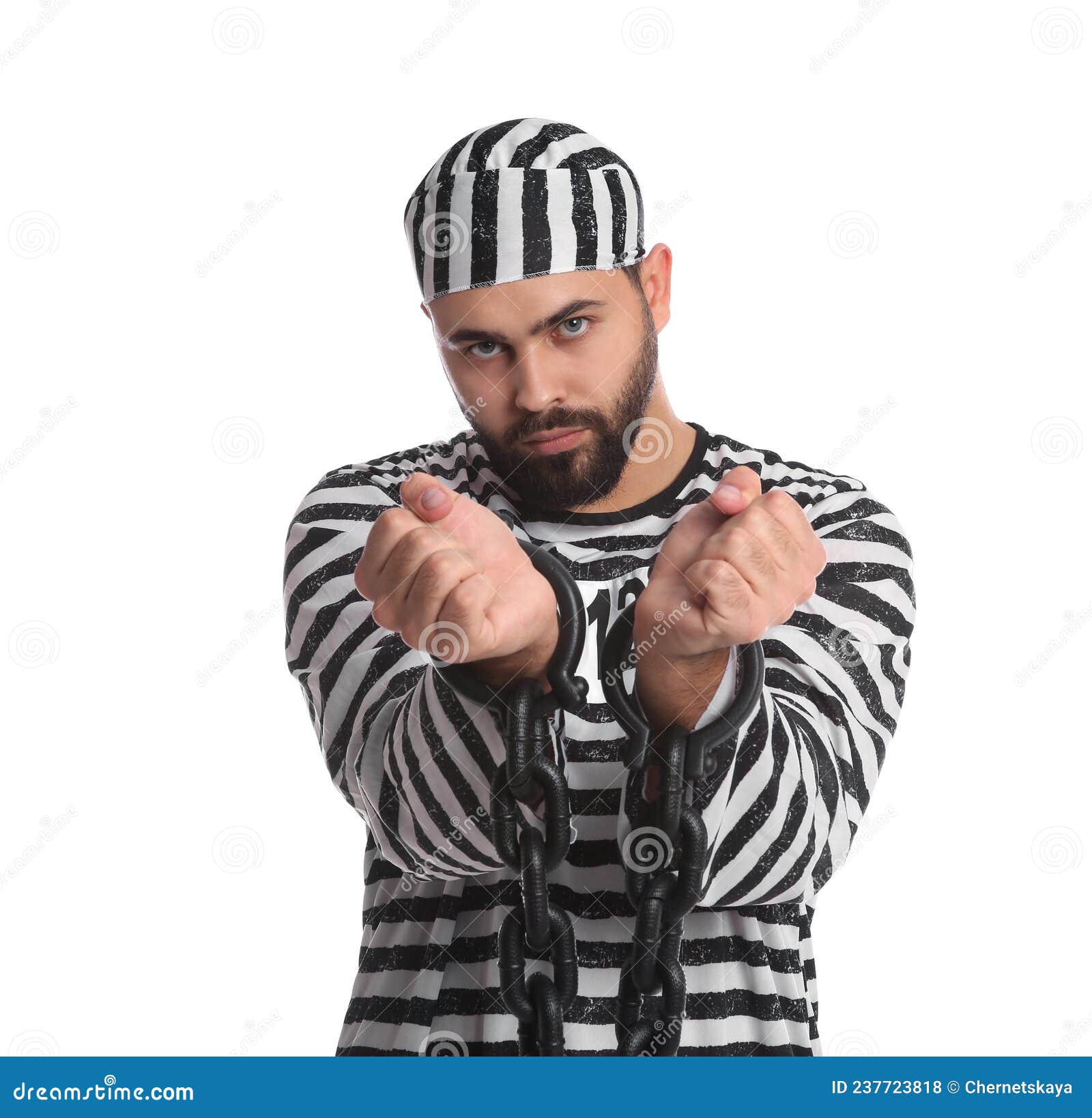 Prisoner in Special Uniform with Chained Hands on White Background ...