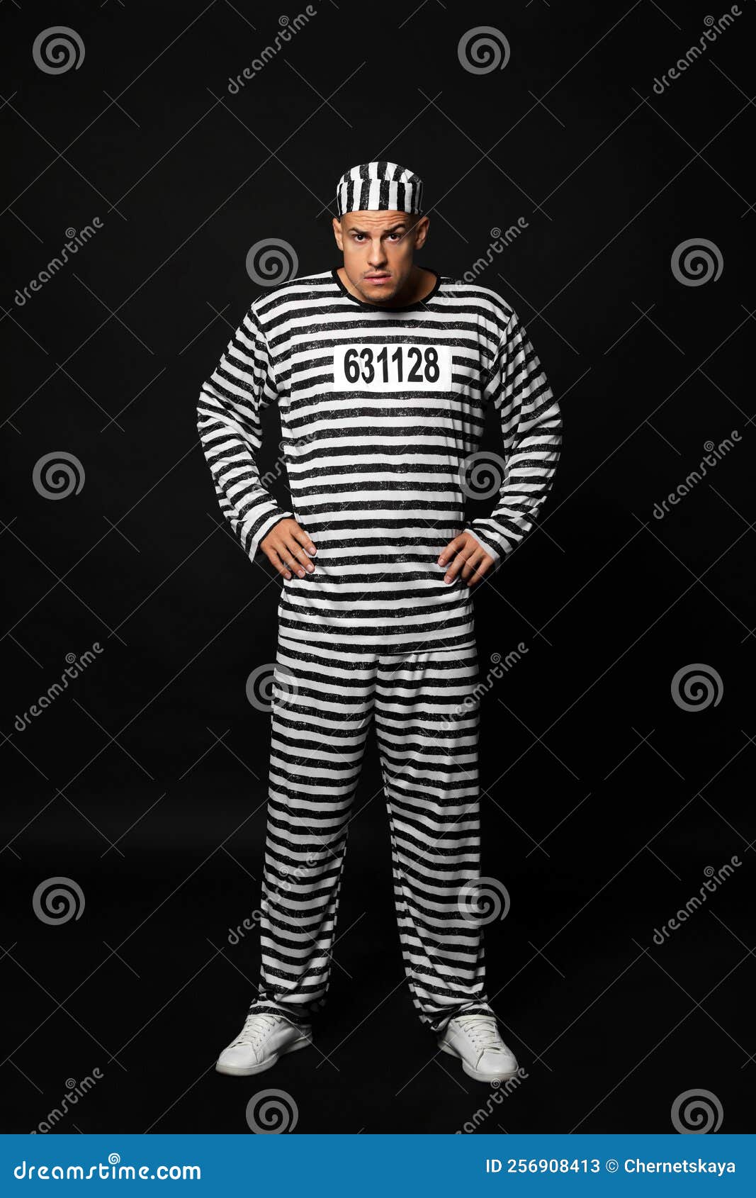 Prisoner in Striped Uniform on Black Background Stock Image - Image of ...