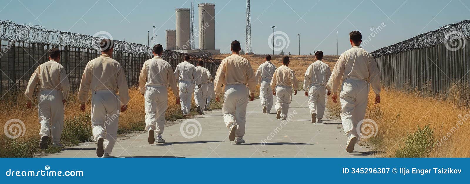 Line Of Inmates Walking In Prison Yard Formation, Concept Of ...