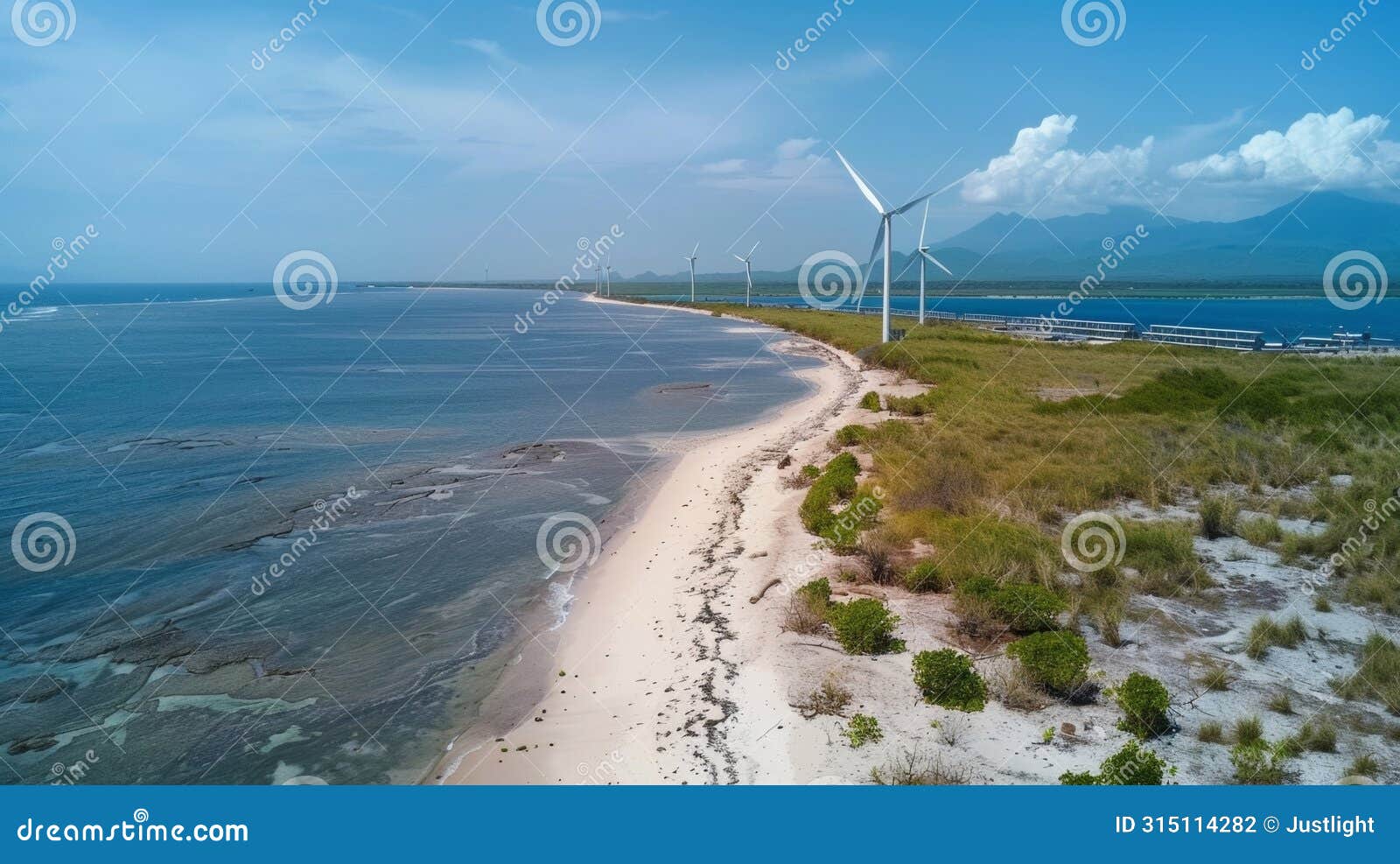 A Pristine Beach Dotted with Wind Turbines and Solar Panels Indicating ...