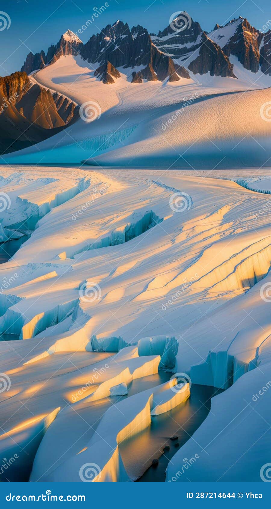 Pristine Glacier Glowing in Golden Light at Sunrise Stock Illustration ...