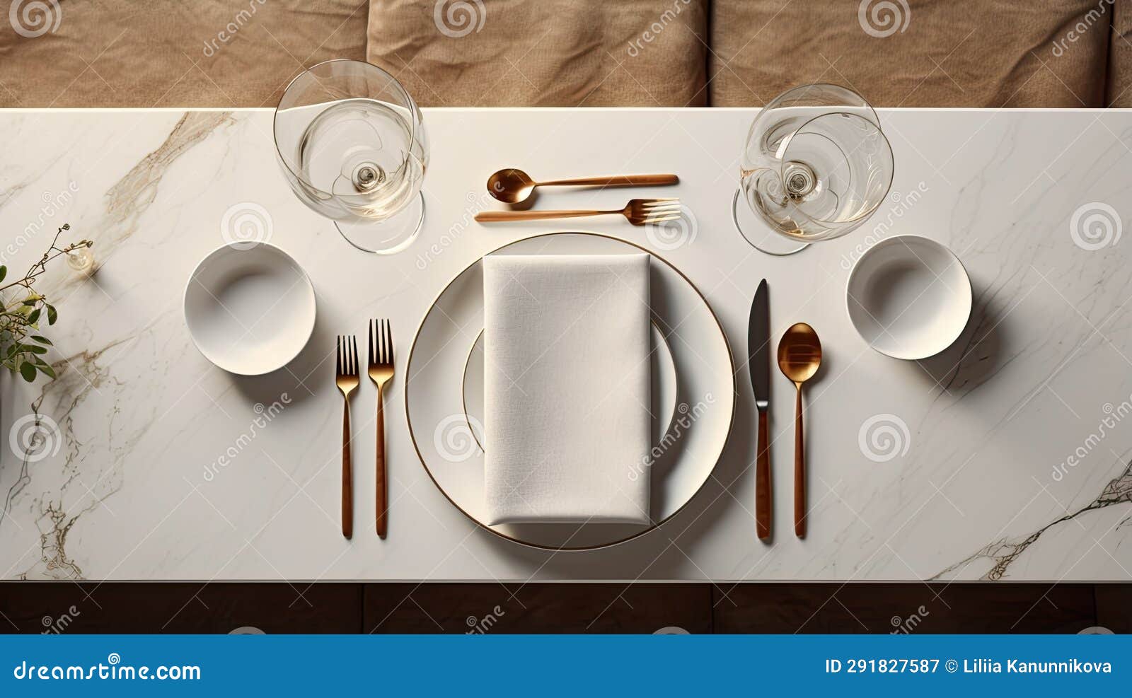 A Pristine Marble Dining Table, Featuring Neatly Arranged White Ceramic ...