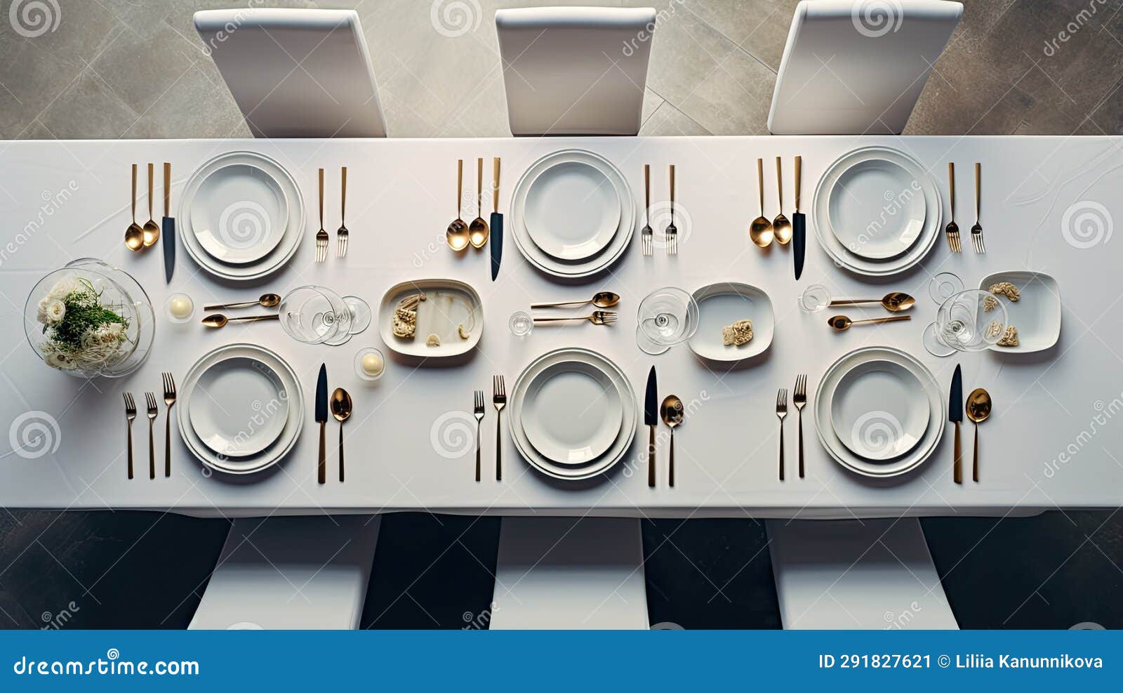 A Pristine Marble Dining Table, Featuring Neatly Arranged White Ceramic ...